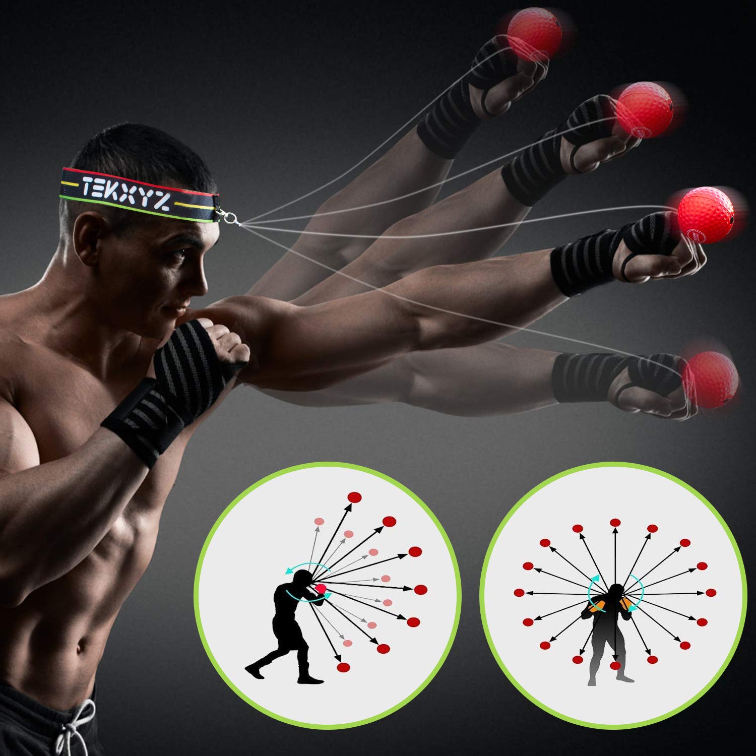 TEKXYZ Boxing Reflex Ball, 3 Difficulty Levels Boxing Ball with Headband, Softer Than Tennis Ball, Perfect for Reaction, Agility, Punching Speed, Fight Skill and Hand Eye Coordination Training