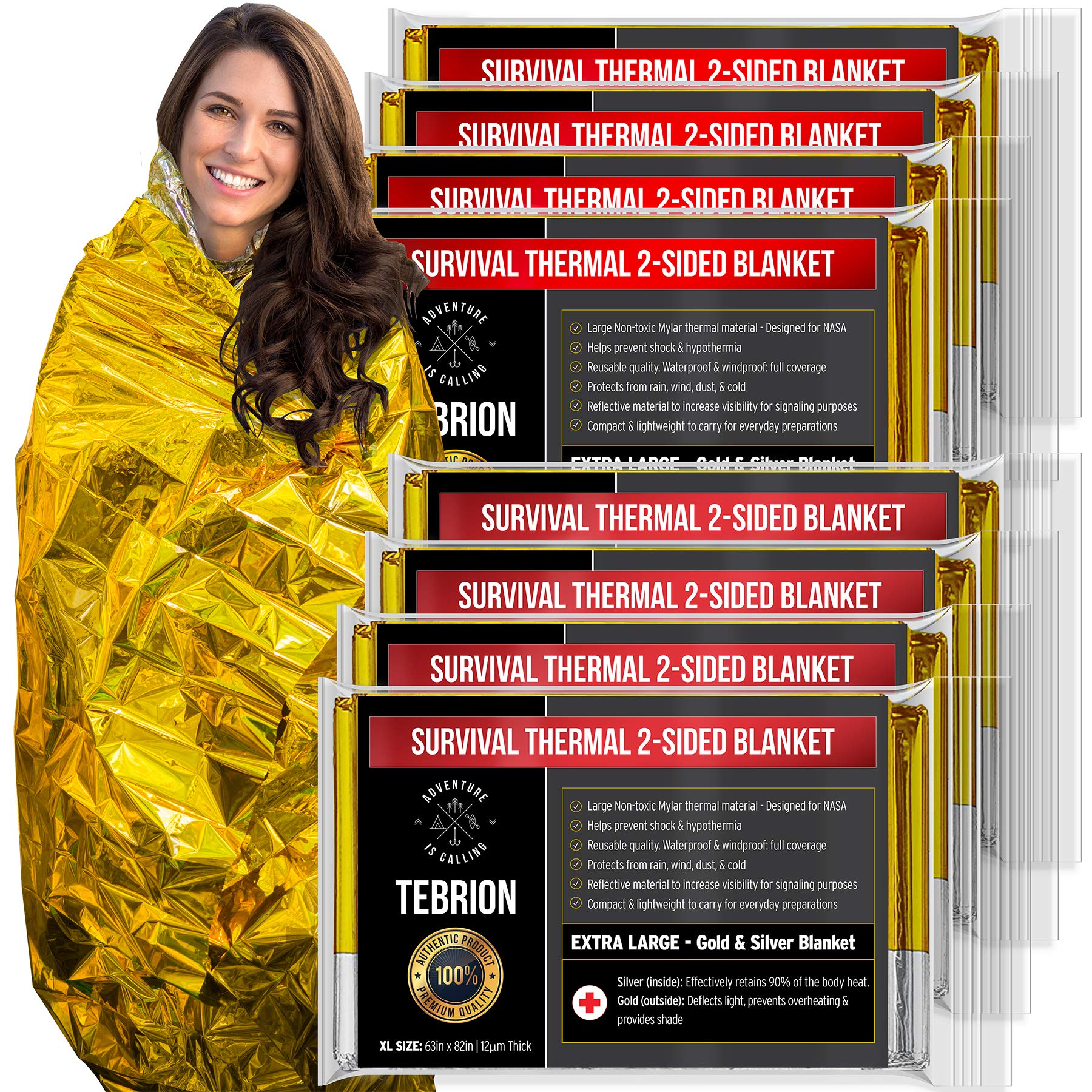 TEBRION 8 Packs Extra Large - 63β x 82β Double Sided Emergency Thermal Foil Authentic Mylar Space Blankets Designed for NASA - Perfect for Bug Out Bag, Survival Kit, Camping, Auto, Outdoors