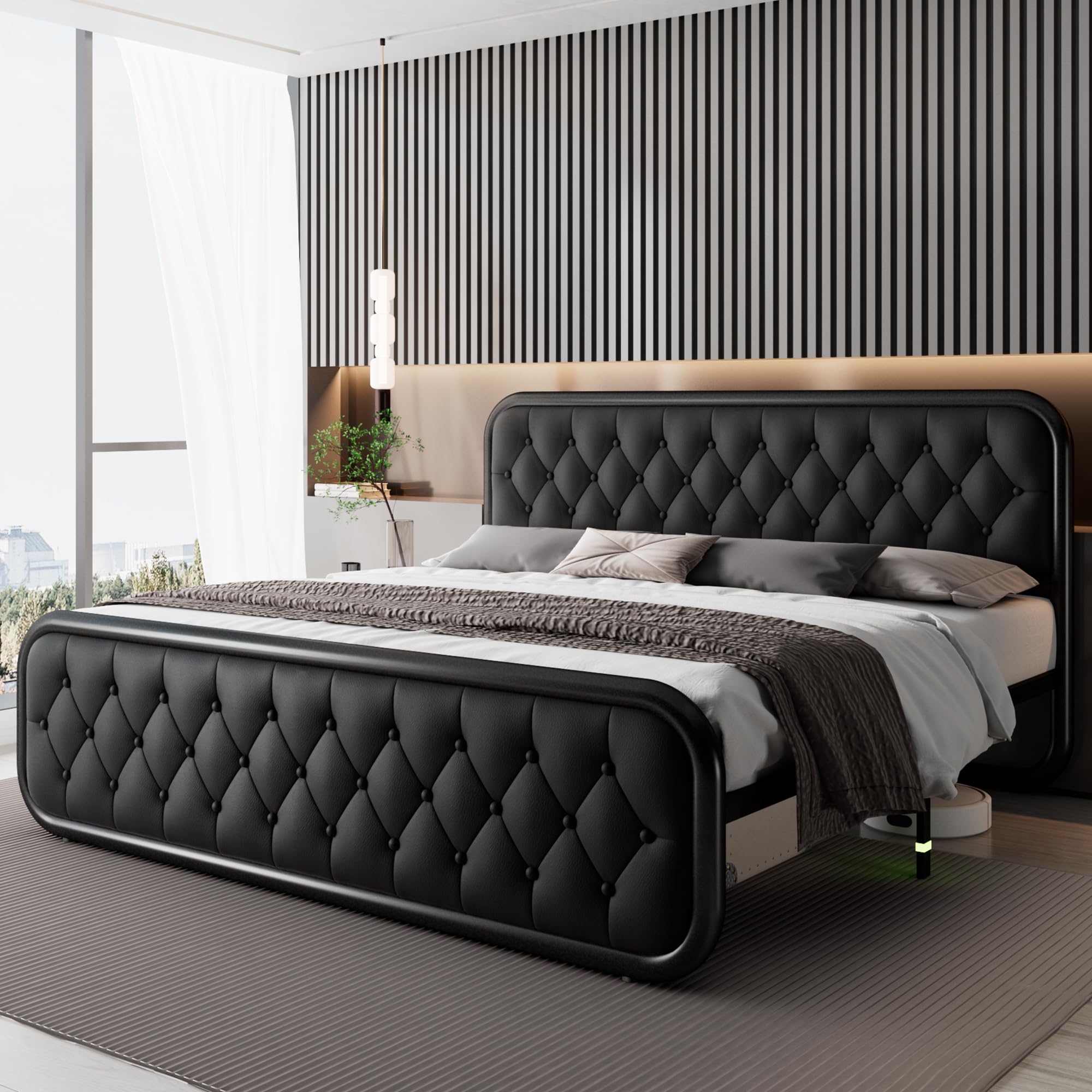 SUMELL King Size Bed Frame - Heavy Duty Bed Frame, Stylish Faux Leather Headboard, Noise-Free and Easy Assembly for The Perfect Night's Sleep (Black)