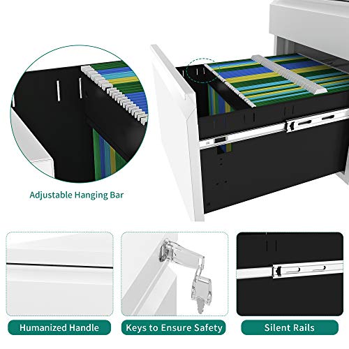 YITAHOME 3-Drawer Mobile File Cabinet with Lock, Office Storage Filing Cabinet for Legal/Letter Size, Pre-Assembled Metal File Cabinet Except Wheels Under Desk-White