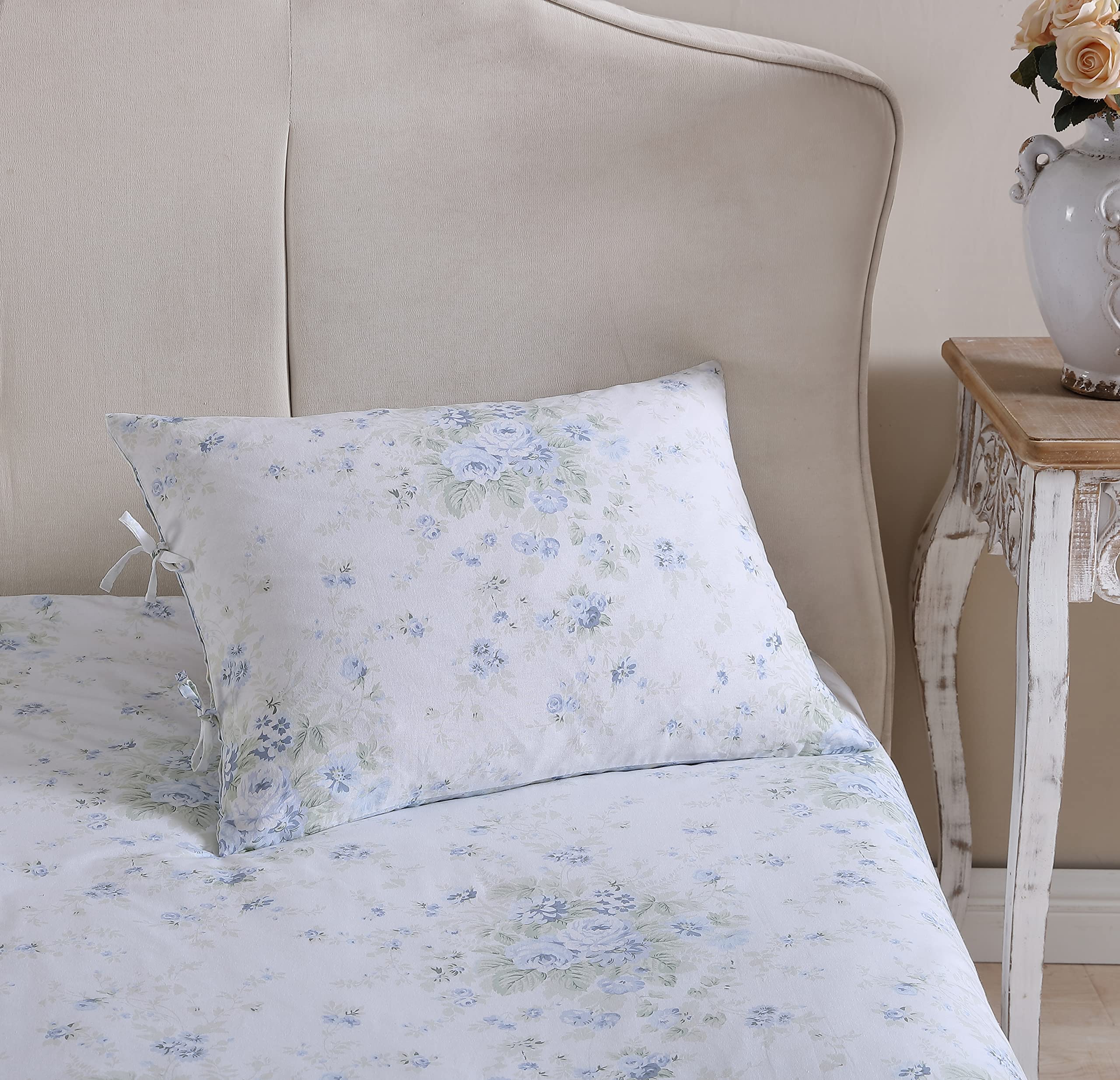 Shabby Chic® - Queen Comforter Set, Reversible Cotton Bedding with Matching Shams, Elegant Floral Home Decor for All Seasons (Bailey Blue, Queen)