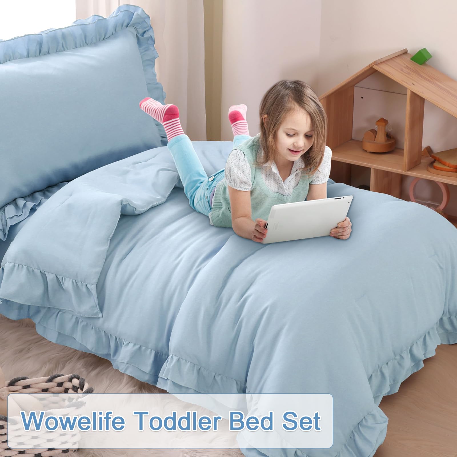 Wowelife 4 Pieces Toddler Bedding Sets for Girls Boys Beige Toddler Bed Set Double Ruffles Boho Bohemian Jacquard Kids Bed in a Bag Includes Comforter, Fitted Sheet, Top Sheet and Pillowcase
