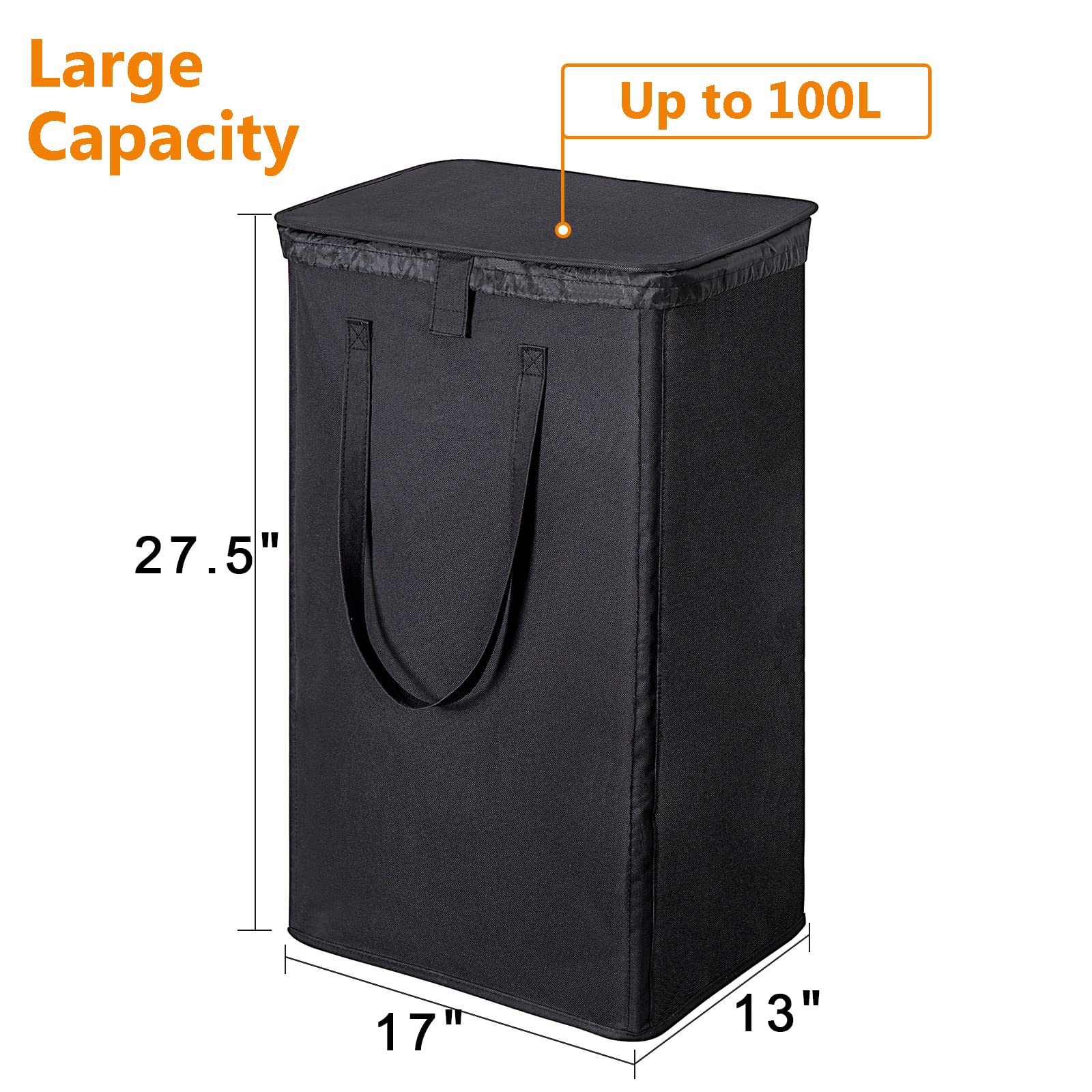 WOWLIVE 100L Laundry Hamper with Lid, Large Foldable Laundry Basket with 2 Removable Bags and Handles, Tall Collapsible Dirty Clothes Hamper for Laundry Room, Bathroom, Dorm (Black)