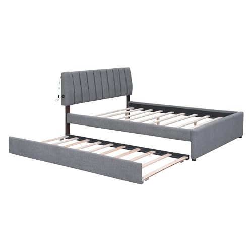 WOXYX Queen Size Upholstered Platform Bed with Teddy Fleece Headboard and Trundle,Grey