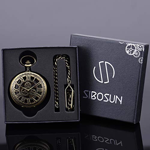 SIBOSUN Pocket Watch Skeleton Mechanical Double Case Hand-Wind Bronze Roman Numerals Antique Chain Mens