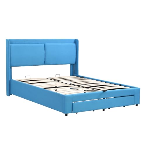 WOXYX Queen Size Platform Bed,Storage Upholstered Hydraulic Beds Frame with 2 Drawers,Blue