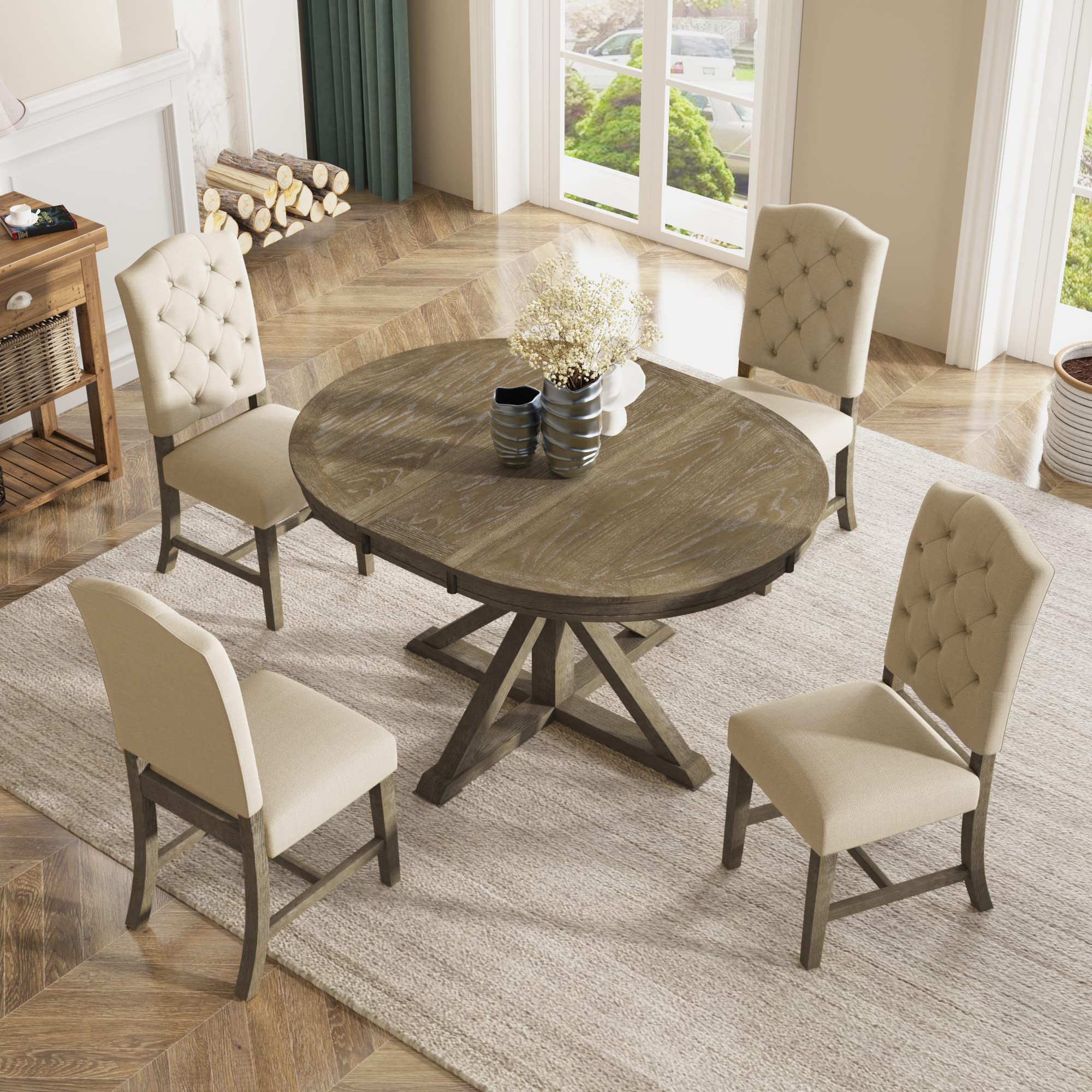 Tensun 5-Piece Retro Functional Dining Table Set, Wood Round Extendable Kitchen Table and 4 Upholstered Dining Chairs with Backrest for Kitchen, Living Room, Natural Wood Wash