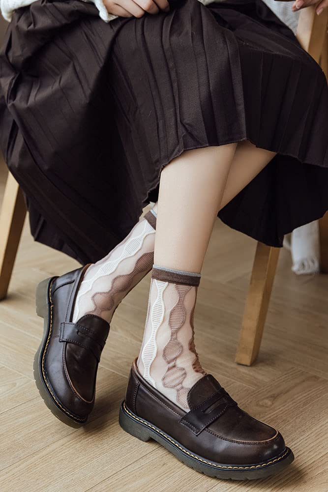 Yomutiur Womens Sheer Socks, Summer Transparent Thin Mesh Lace Elastic Jacquard Socks Crystal Glass Silk Short Stockings