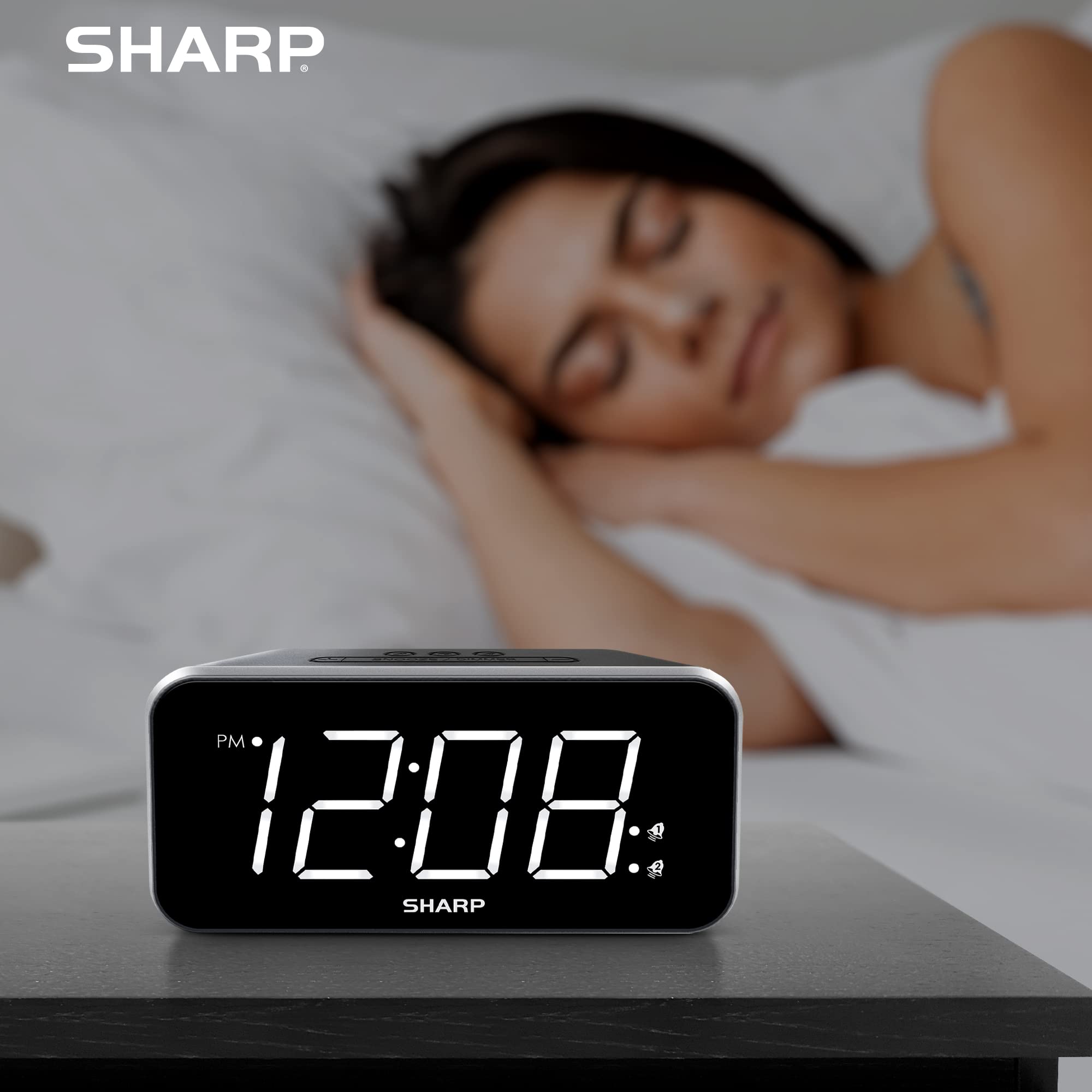 Sharp Alarm Clock Jumbo Easy to Read Display β 3 Step Dimmer Control β Dual Alarms, Battery Back-up, Black with White LED
