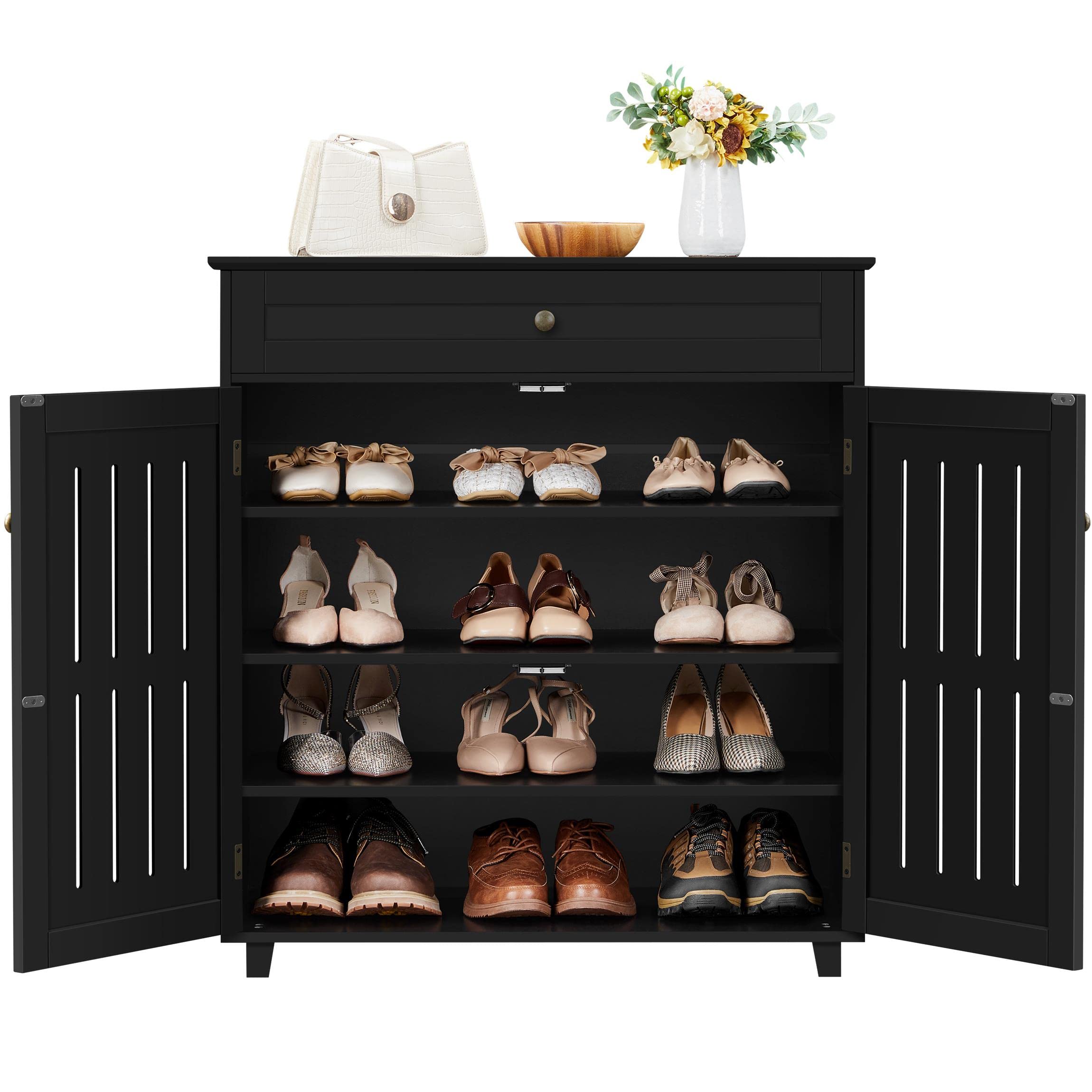 Yaheetech Shoe Cabinet Bathroom Storage Cabinet with 1 Drawer & Adjustable Shelf, Shoe Rack Pinter Stand for Home Office, Black