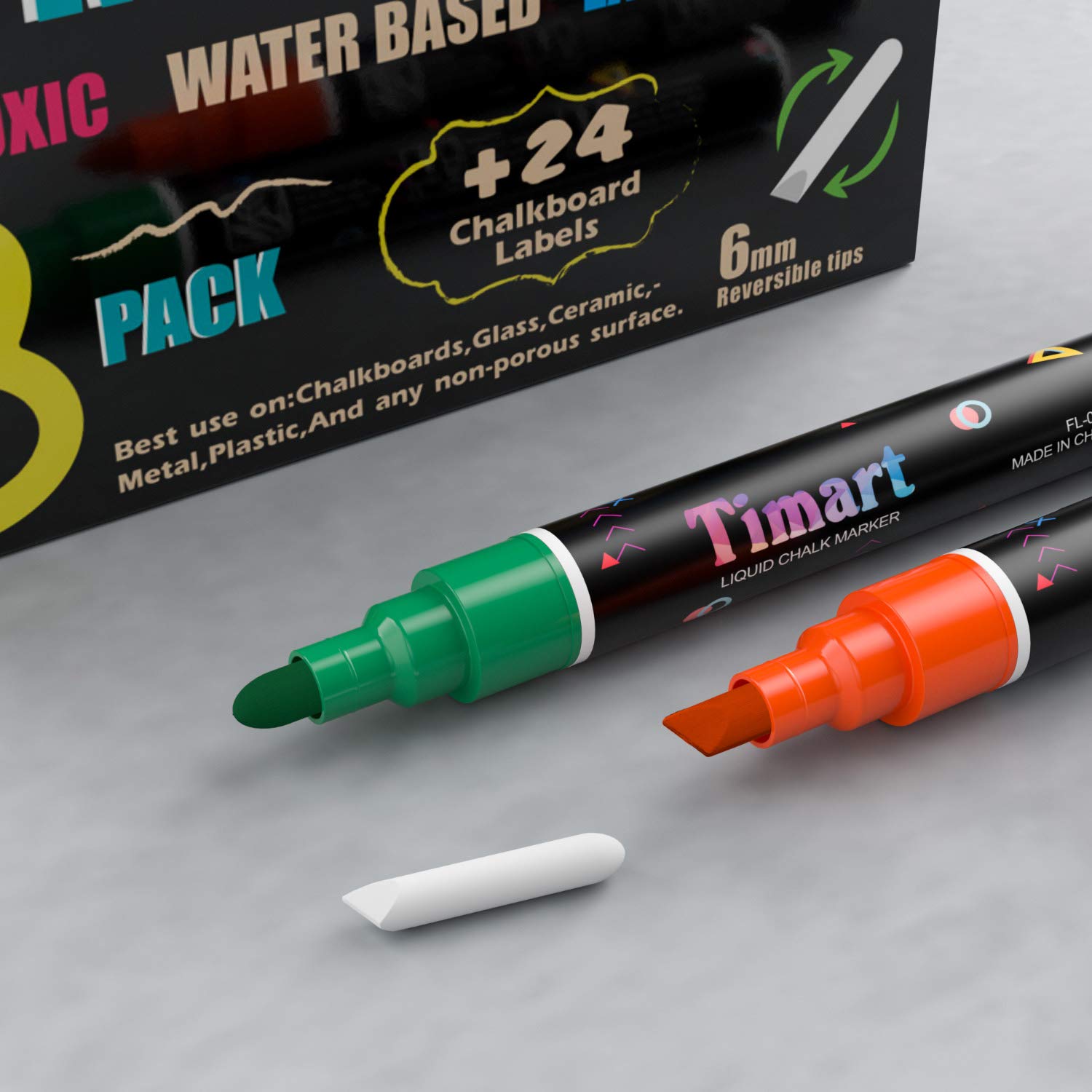 Timart Liquid Chalk Markers, 6mm Bold Tip Chalk Pens, Dry Erase Marker Pens for Chalkboards, Signs, Blackboards, Windows, Glass- Reversible Tip, First Day of School Board Chalk Pens (Classic)