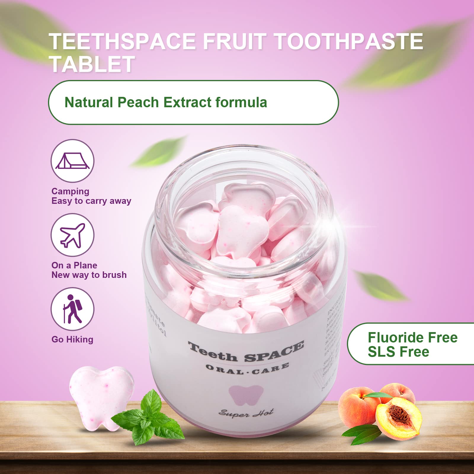 TeethSPACE Peach Mint Toothpaste Tablets, 65 Mega Size Chewable Tabs, Natural and Eco-Friendly, Flouride Free, Teeth Cleaning and Whitening Solution, Travel Mouthwash Tablets, Natural Ingredient