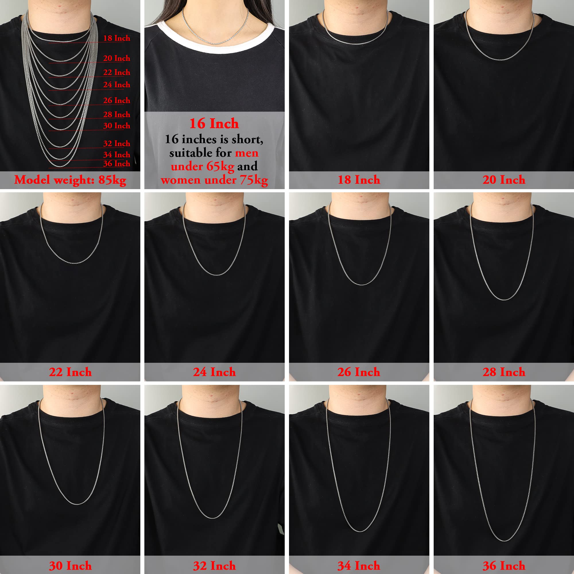 Square Rolo Chain Necklace 2mm 20inch Stainless Steel Box Chain Jewelry for Men & Women
