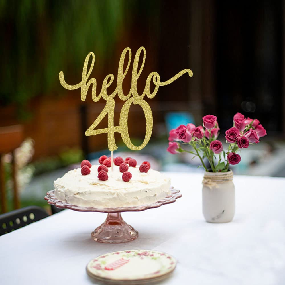 sodasos Golden Glitter Hello 40 Cake Topper - Cheer to 40th Years - 40 and Fabulous Cake Topper - Wedding Anniversary Party Sign Decorations (40)…
