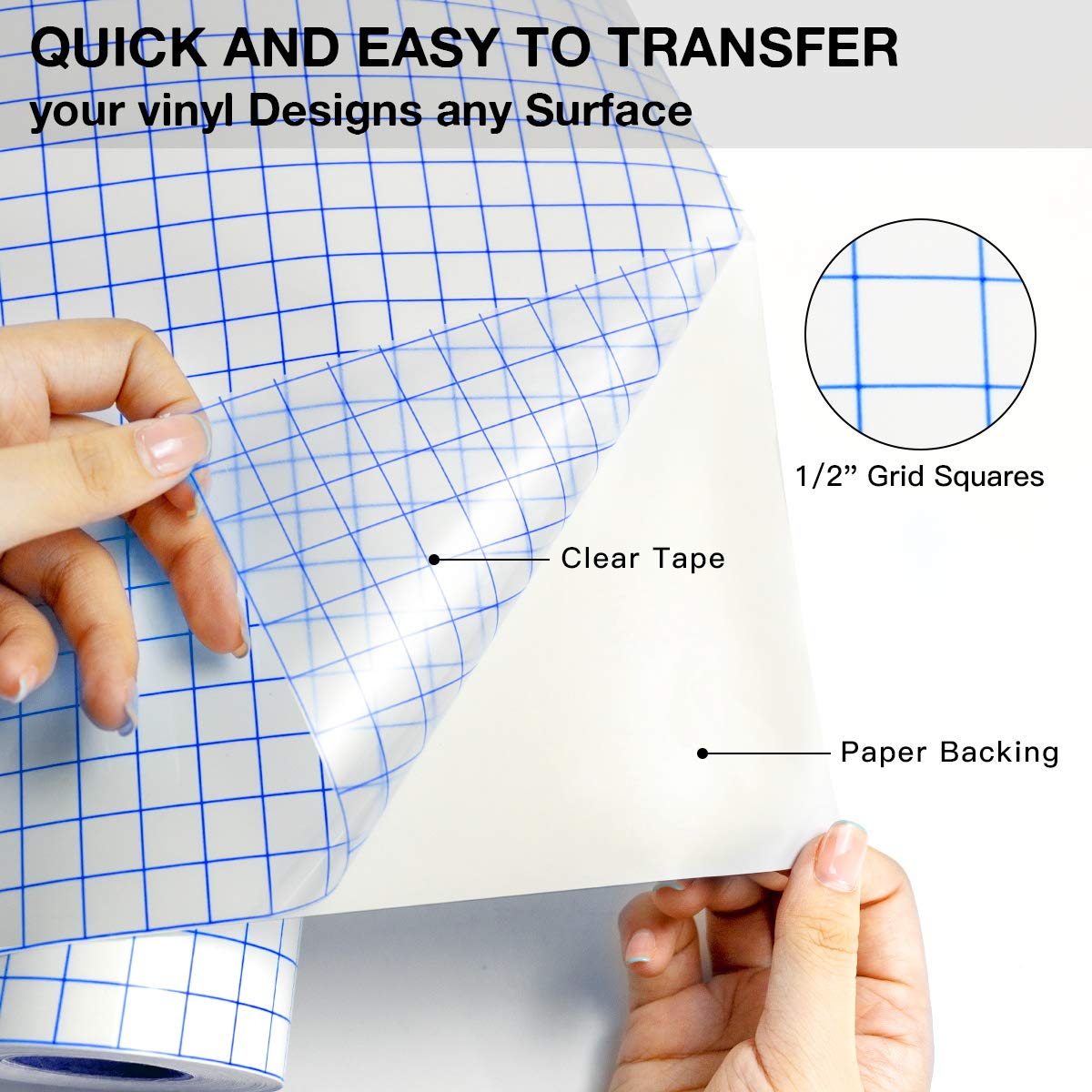 Transfer Tape for Vinyl - 12” x 50 FT w/Blue Alignment Grid Vinyl Transfer Tape, Medium Tack Clear Transfer Tape for Self Adhesive Vinyl for Signs Stickers Decals