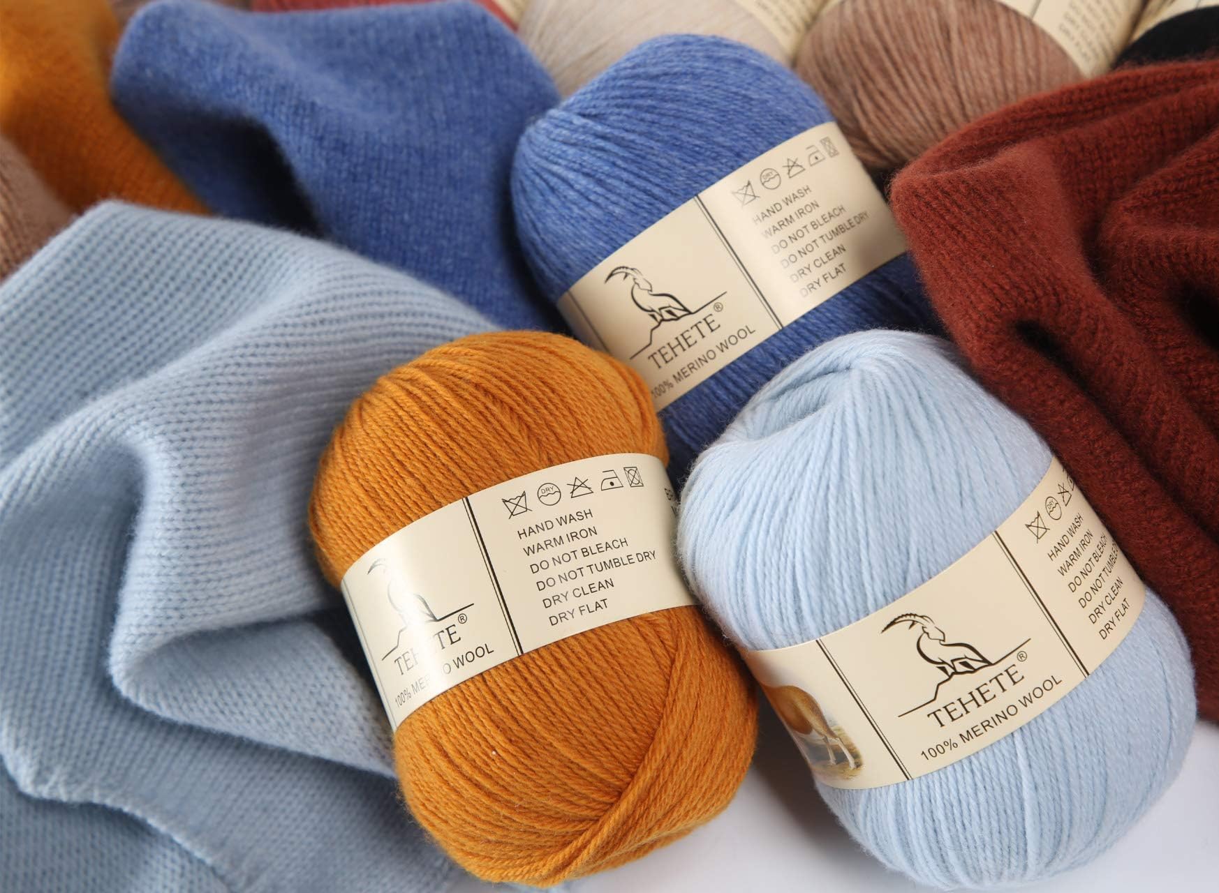 TEHETE 100% Merino Wool Yarn for Knitting 3-Ply Luxury Warm Soft Lightweight Blue Crochet Yarn (Ginger)