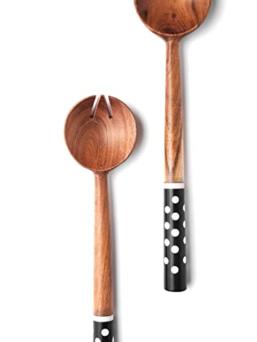 YoTreasure Tiramisu Black & White Dotted Resin Wood Salad Server Set | Wooden Utensils for Serving Salad, Spoon and Fork Set for Modern Kitchen
