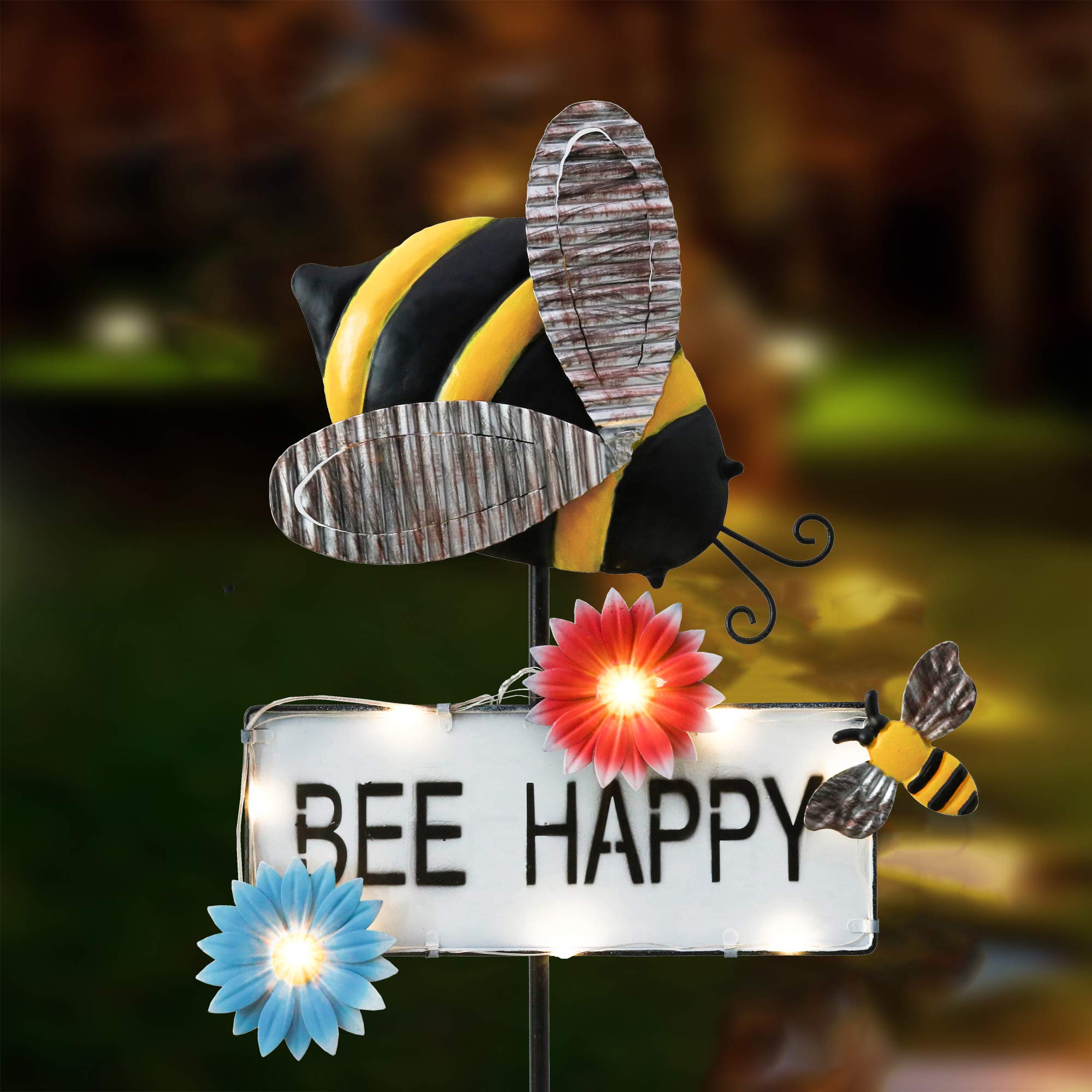 TERESA'S COLLECTIONS Metal Bee Garden Decor Solar Light Stake with Plaque, Decorative Solar Pathway Lights for Outdoor Yard Lawn Patio Decorations, 39inch/100cm Tall