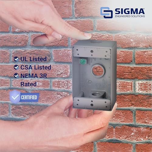 SIGMA ENGINEERED SOLUTIONS 14250 Metal Electrical Outlet Box, Weatherproof, Easy Mount Plug and Receptacle Protector, Gray, (3) 1/2-Inch Holes, 1 Gang Box