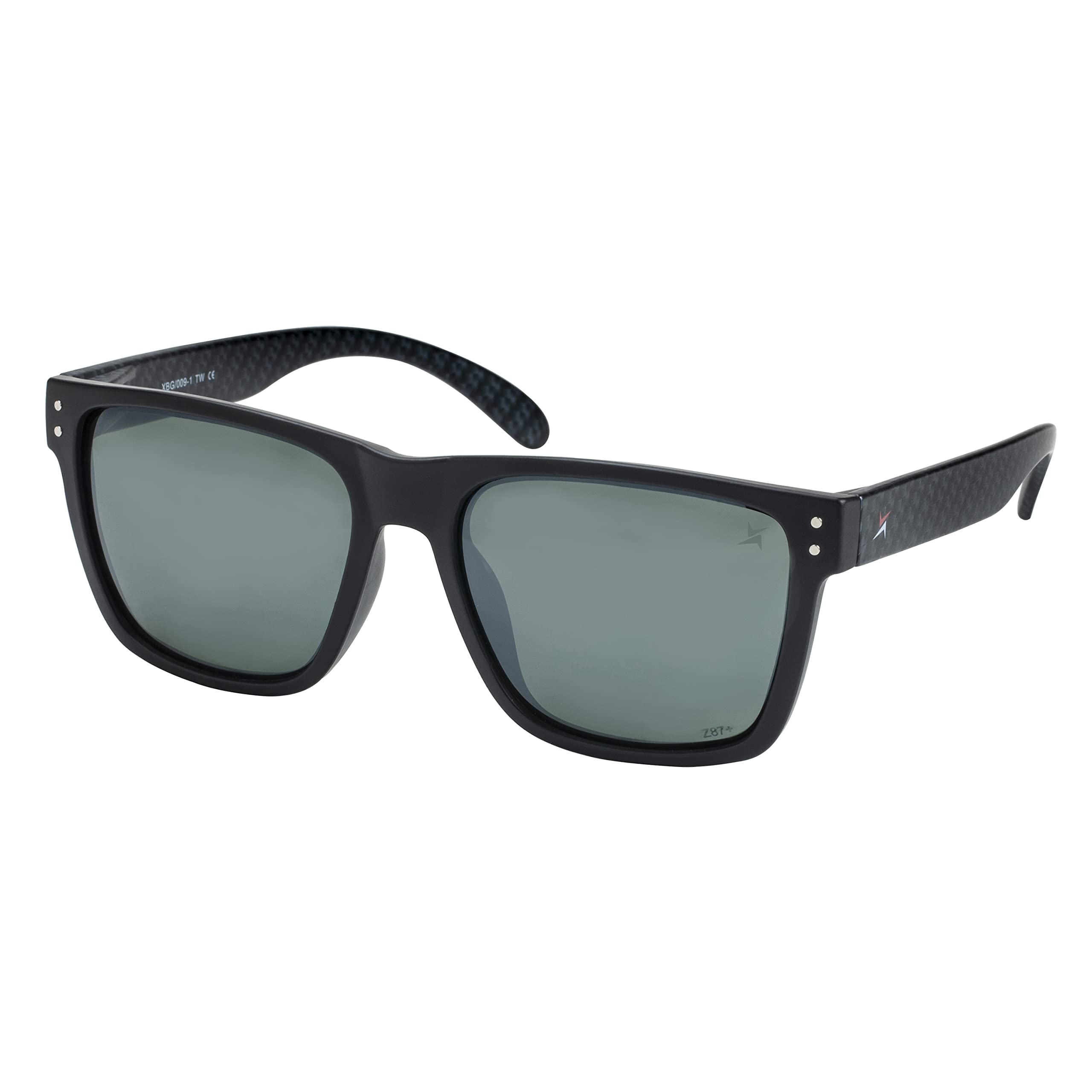 X Power ANSI Z87+ Large Black Square Frame Safety Sunglasses with Green Flash Mirror Lenses and Carbon Fiber Temples Impact Resistant Polycarbonate Lens & Frame (Made In Taiwan)
