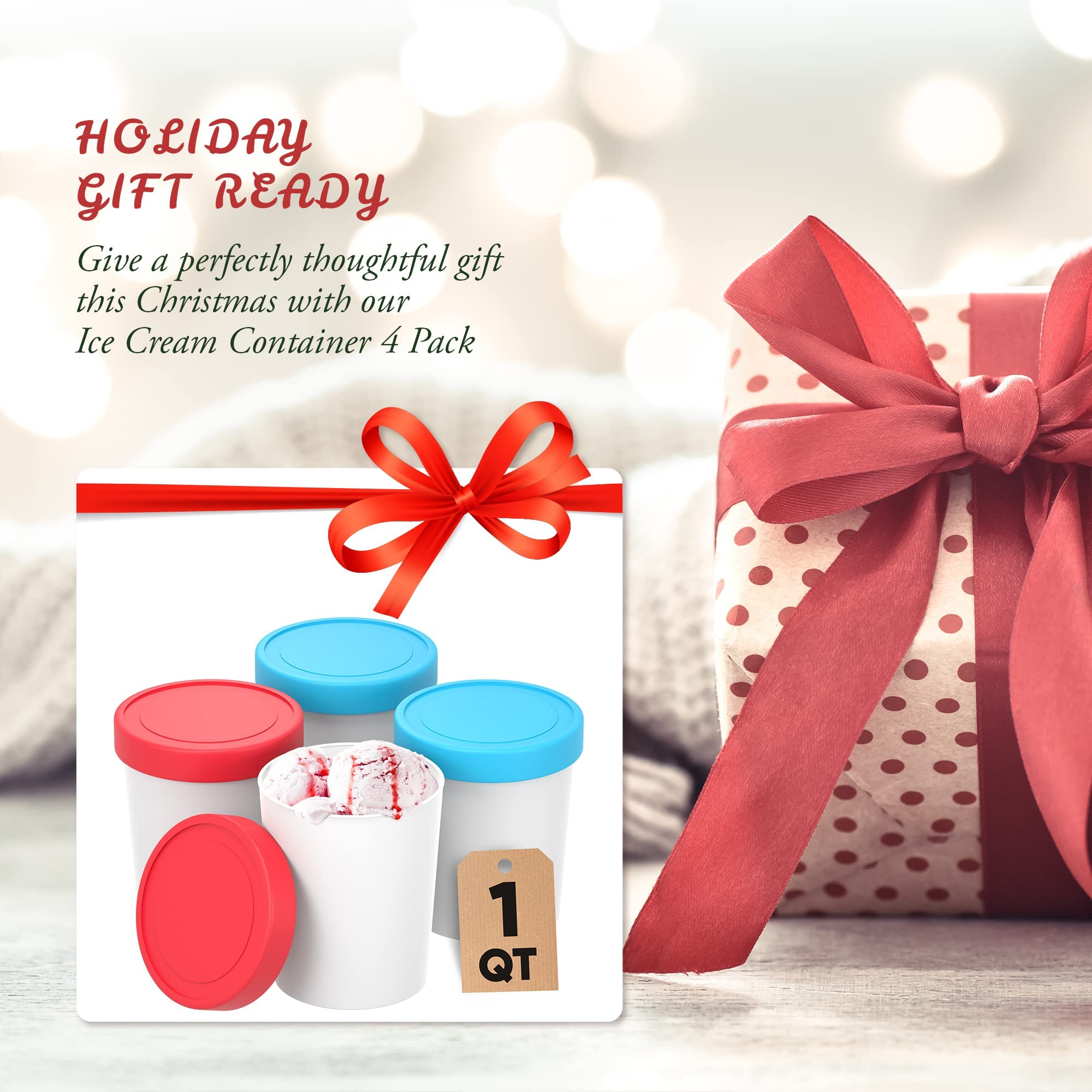 StarPack Ice Cream Containers for Homemade Ice Cream (4 Pcs) - Reusable Ice Cream Containers With Lids - No Leak & Frost Ice Cream Storage Containers For Freezer - 1 QT per Ice Cream Container