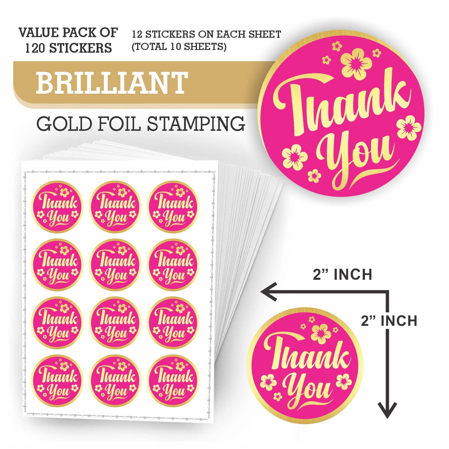Thank You Stickers Seals Labels (Pack of 120) 2" Large Round Gold Foil Stamping for Cards Gift Envelopes Boxes - Magenta
