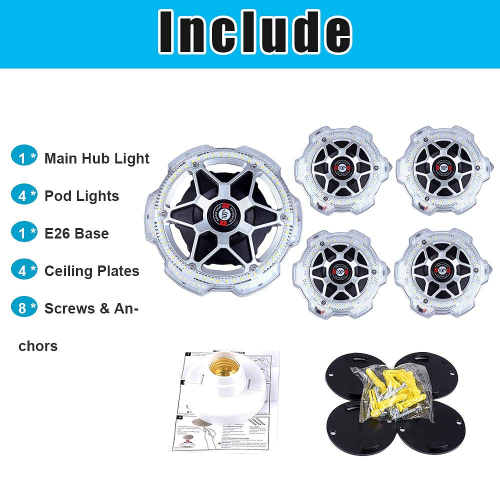 Tesecu High Bay Light 12000LM 120W 6500K Daylight Garage Ceiling Light Fixtures, 1 Main+4 Split, E26 Socket LED Warehouse Lights Commercial Shop Workshop Garage Factory Lowbay Area Lighting Fixture