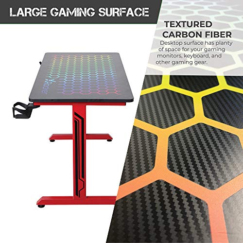 X Rocker Hex PC Modern Gaming Desk, with Headset Hook and Cup Holder, Textured Carbon Fiber, 721601, 47.24" x 23.62" x 29.13", Black and Red