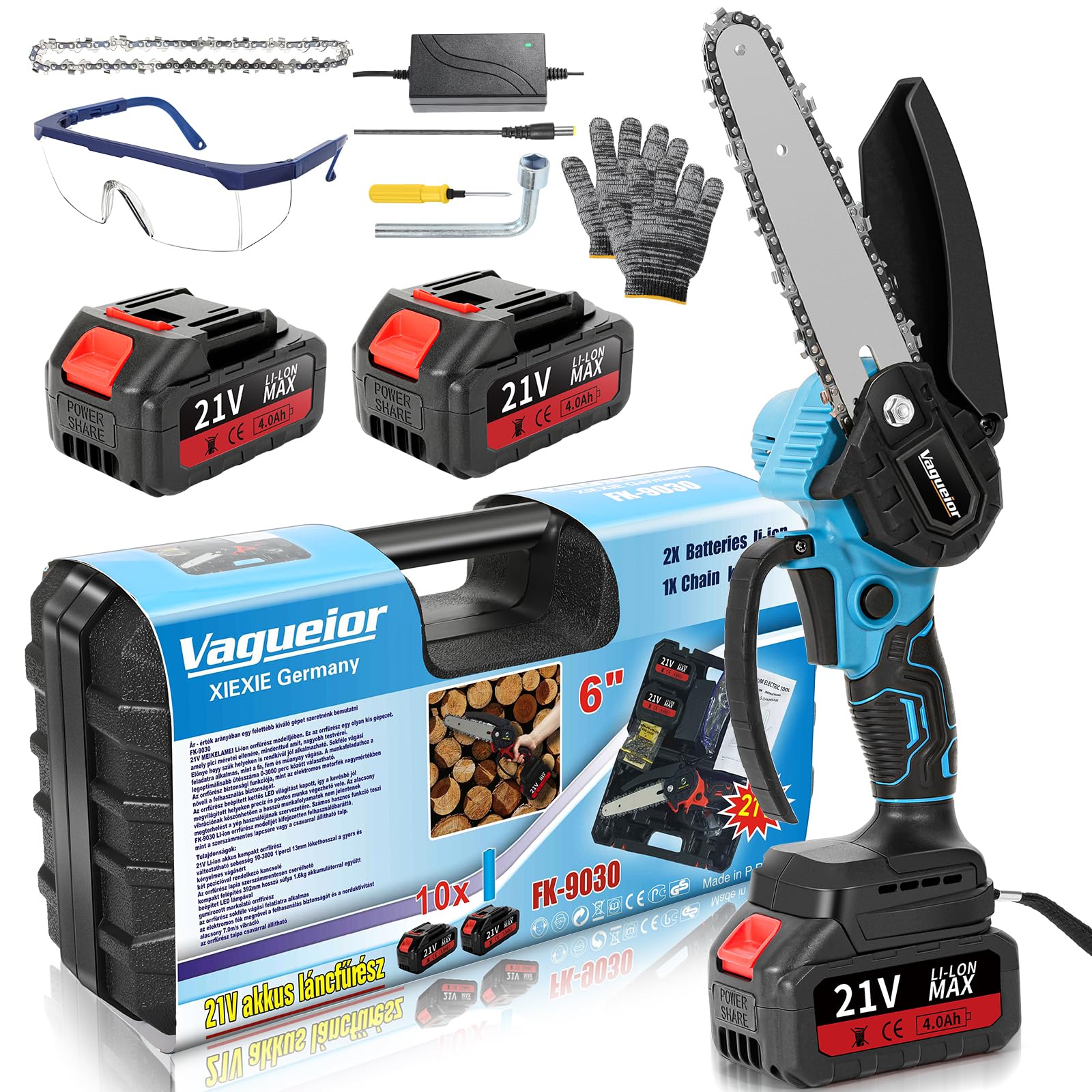 VAGUEIOR Mini Cordles Chainsaw, Handheld Convenient Chainsaw, 6 Inches, With Two 21V 4.0AH Large Battery And Charger, Suitable For Tree Pruning And Cutting,(BLUE, 2 Battery)