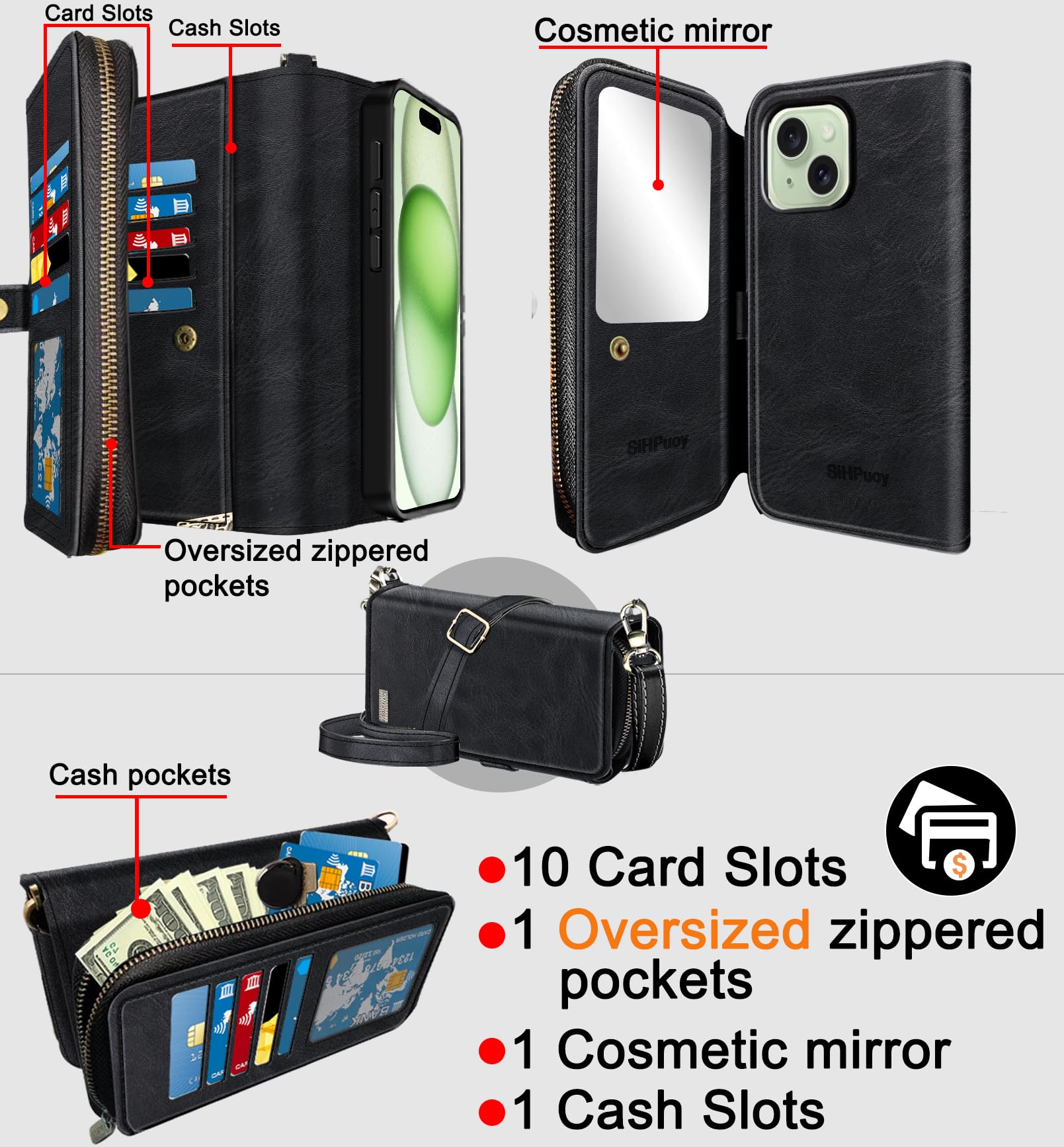 SiHPuoy Leather for Apple iPhone 15 Plus Wallet Case with Card Holder Kickstand, Phone Accessories for Woman Men Women, 2 Pack Screen Protector 2 Pack Camera Lens Cover, Black