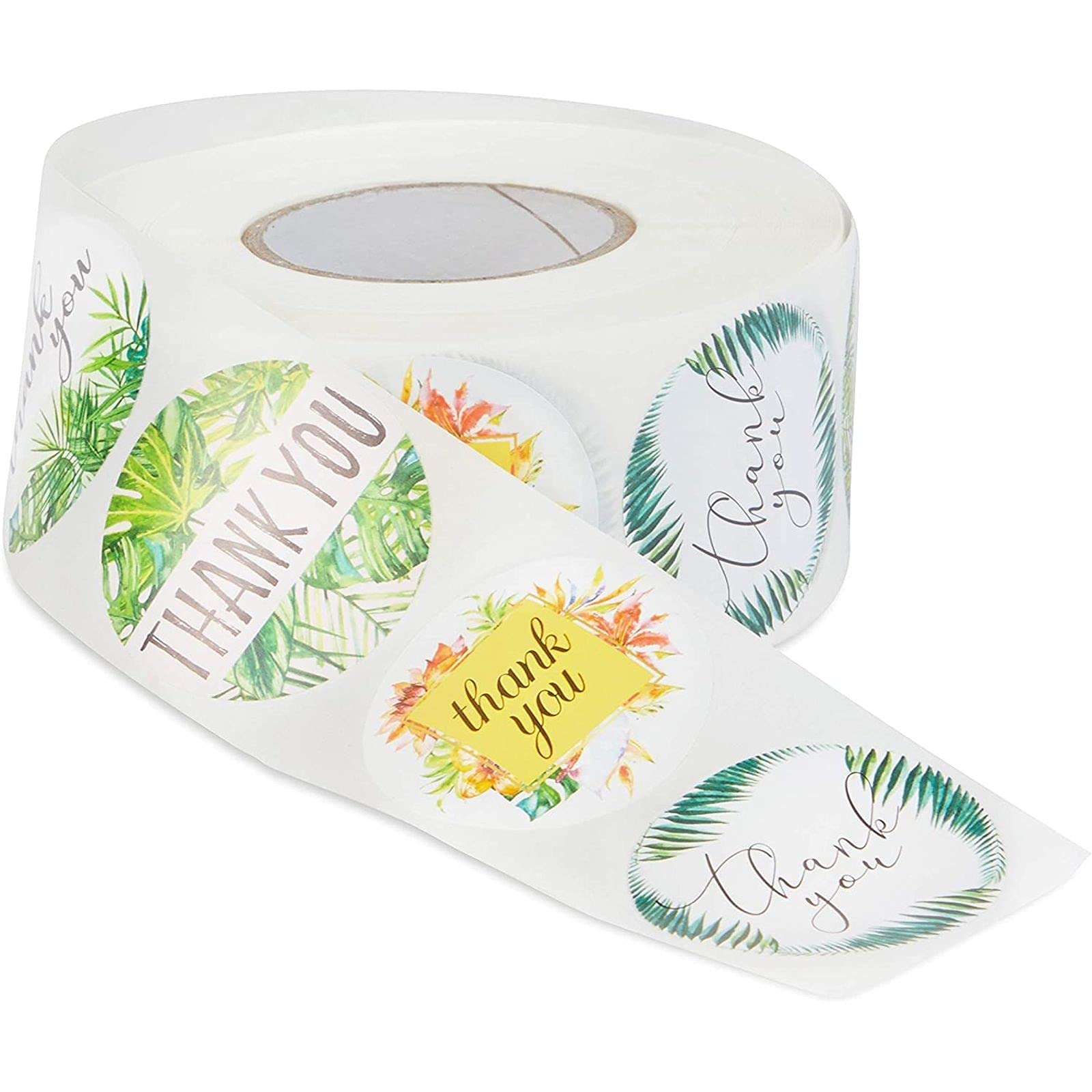 Thank You Stickers Roll with Tropical Leaves, Envelope Seals (1.5 Inches, 1000 Pack)