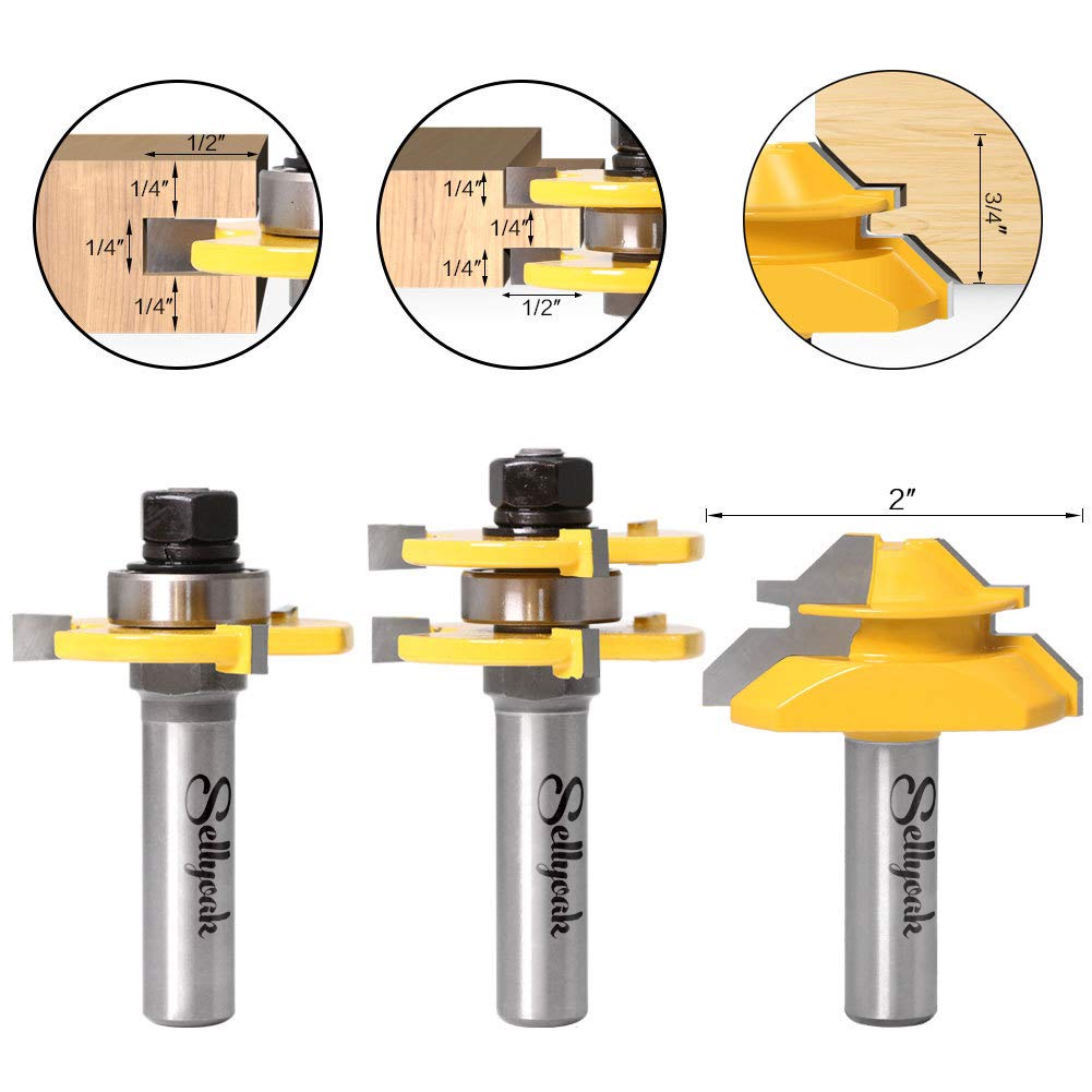 Tongue and Groove Router Bit Tool Set, SellyOak 1/2 Shank Tongue&Grooving Router Bits + 1/2 Shank 45° Lock Miter Router Bit, Wood Milling Cutter Woodworking Tools on Router Table/Base Router etc.