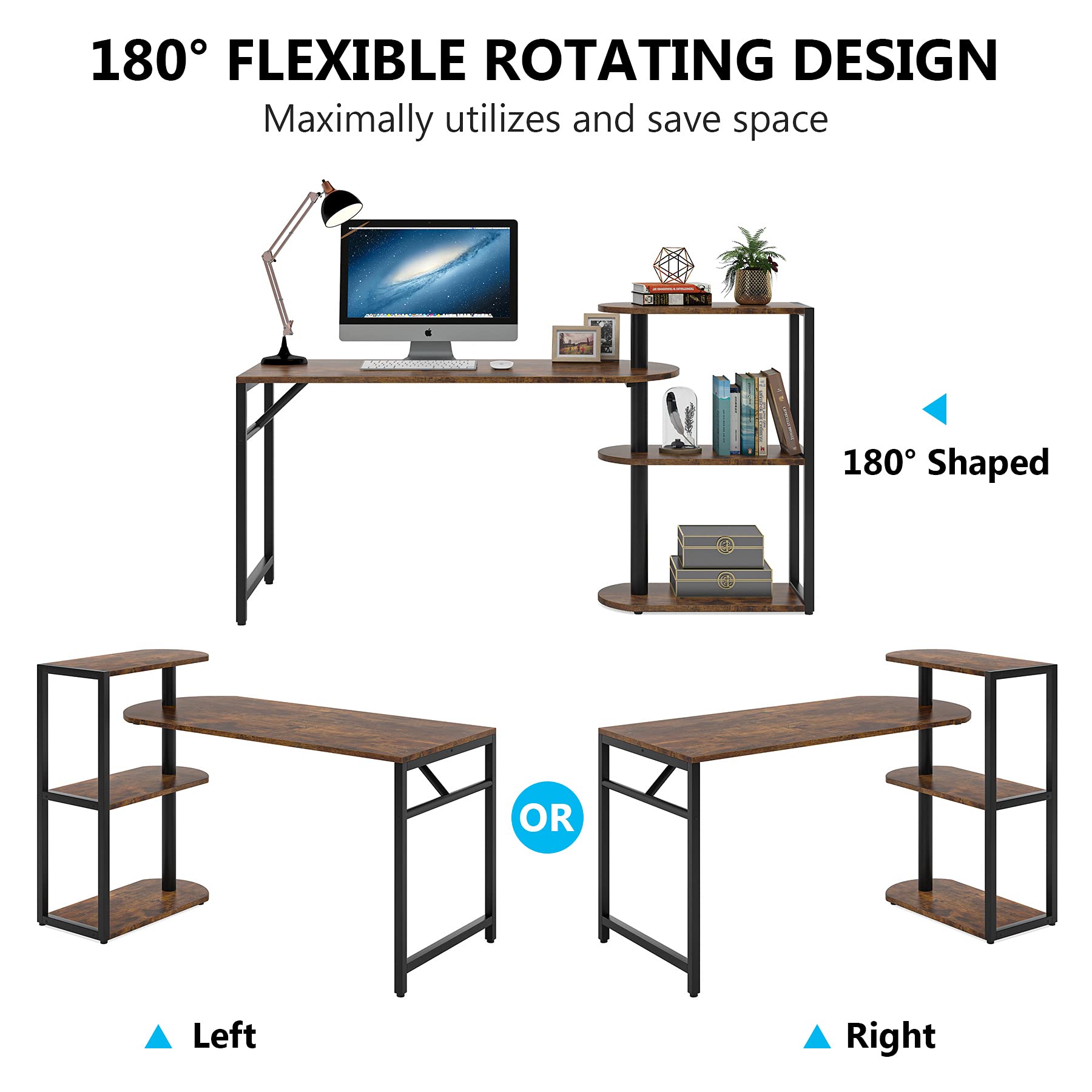 Tribesigns Rotating Desk, Industrial l Shaped Computer Desk with Storage Shelf, Reversible Rustic Office Desk Great for Home Office (Rustic)