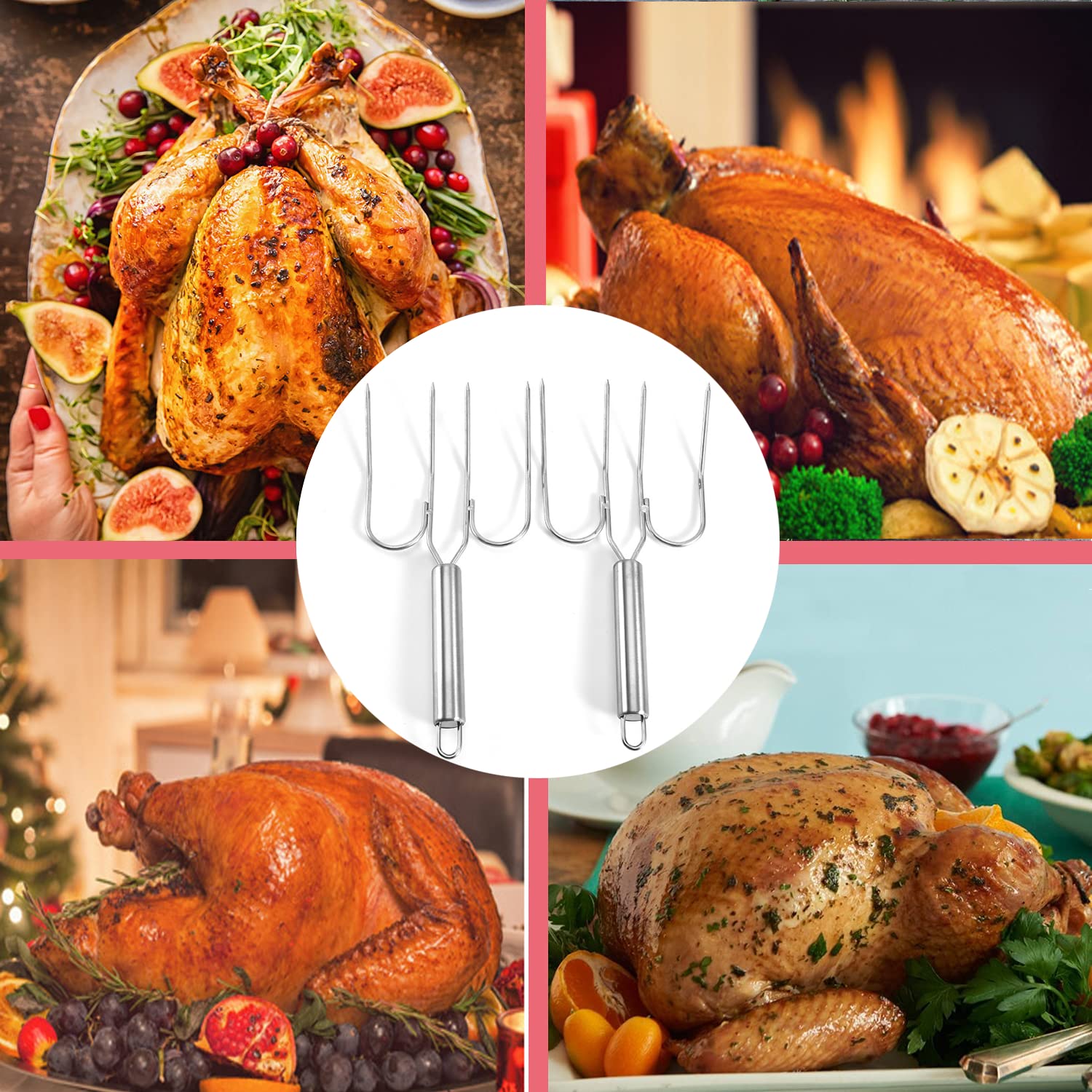 Thanksgiving Turkey & Roast Lifters, Stainless Steel Roaster Forks, Transfer Chicken or Ham Poultry Lifters Easily, Four Needle Meat Fork, Set of 2