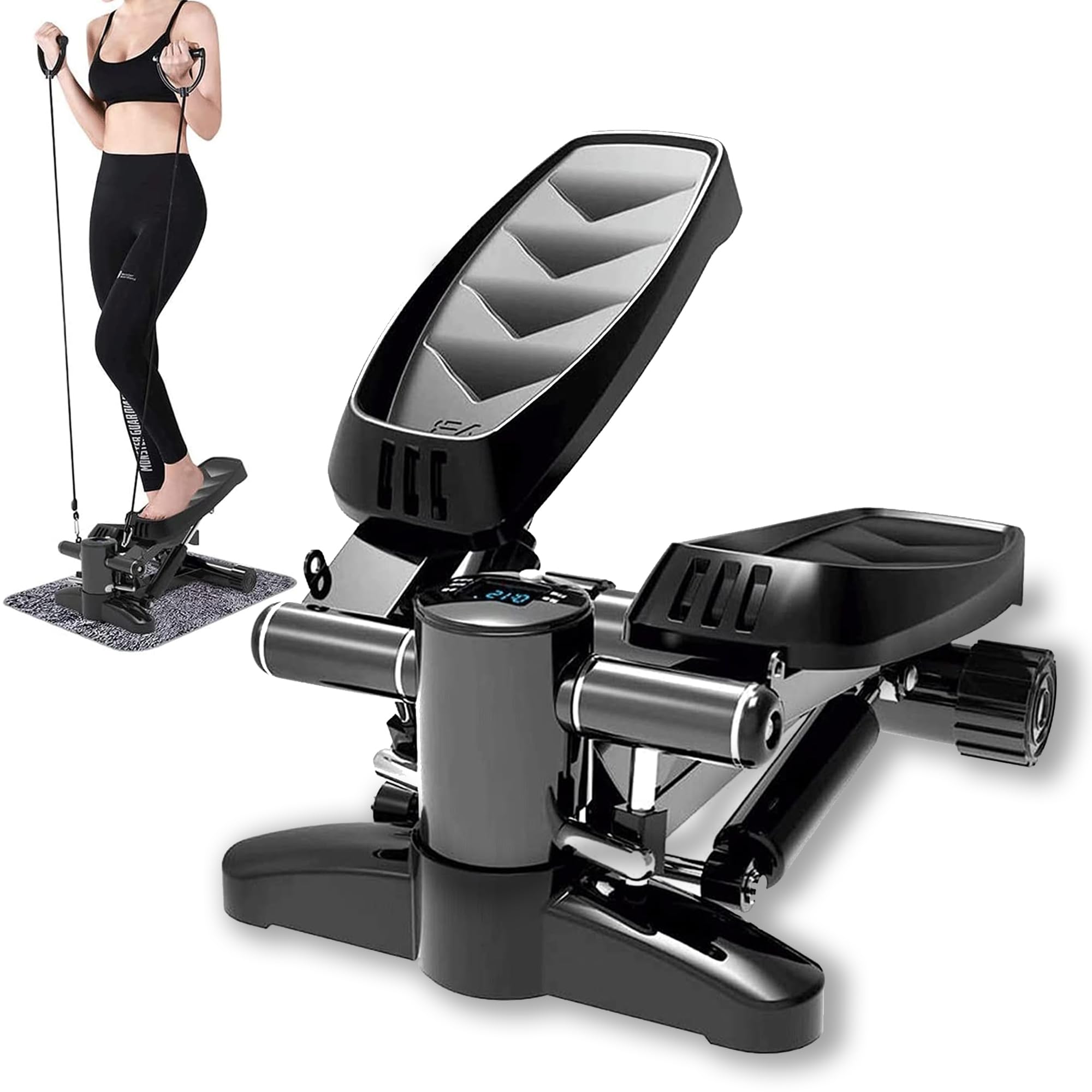 Steppers for Exercise, Mini Stair Stepper with Resistance Bands & Calories Count, 330lbs Weight Capacity Quiet Fitness Stepper for Home Office Workout, Legs Arm Full Body Training (Grey)