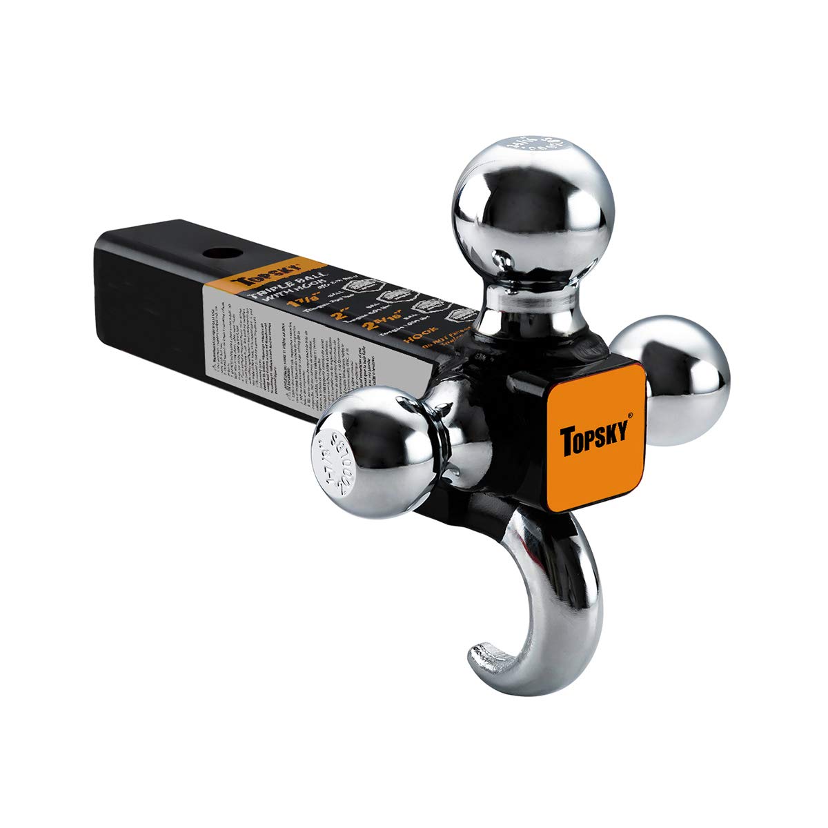 TOPSKY TS2011 Trailer Hitch Tri Ball Mount with Hook, 2 Inch Receiver, Hollow Shank Tow Hitch, Black and Chrome