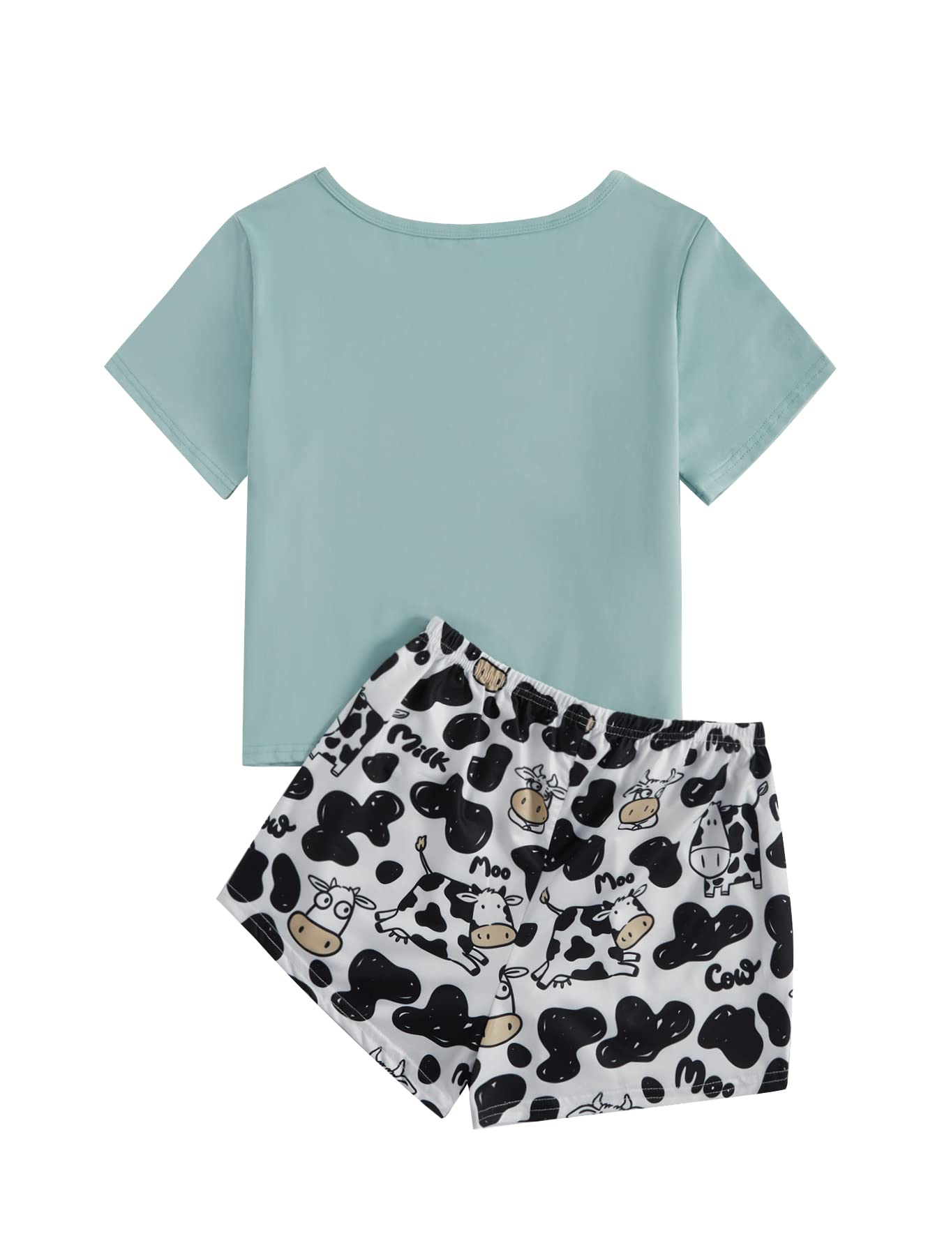 SweatyRocks Women's Cute Graphic Print Short Sleeve Crop Top with Shorts Pajama Set Blue Black Cow M