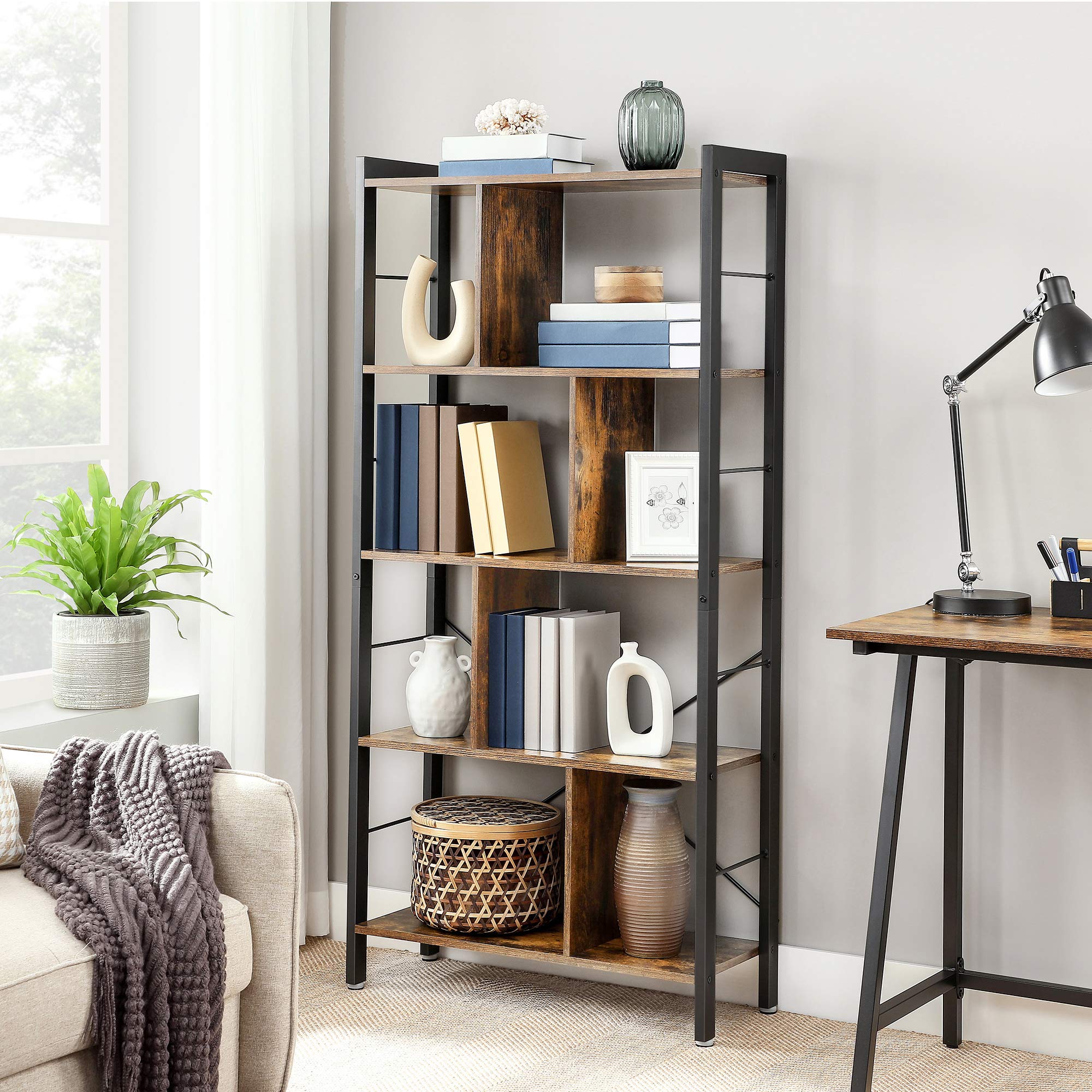 VASAGLE ALINRU Bookcase, 4-Tier Industrial Bookshelf, Floor Standing Storage Rack in Living Room Office Study, Large Storage Space, Simple Assembly, Stable Iron Frame, Rustic Brown ULBC12BX