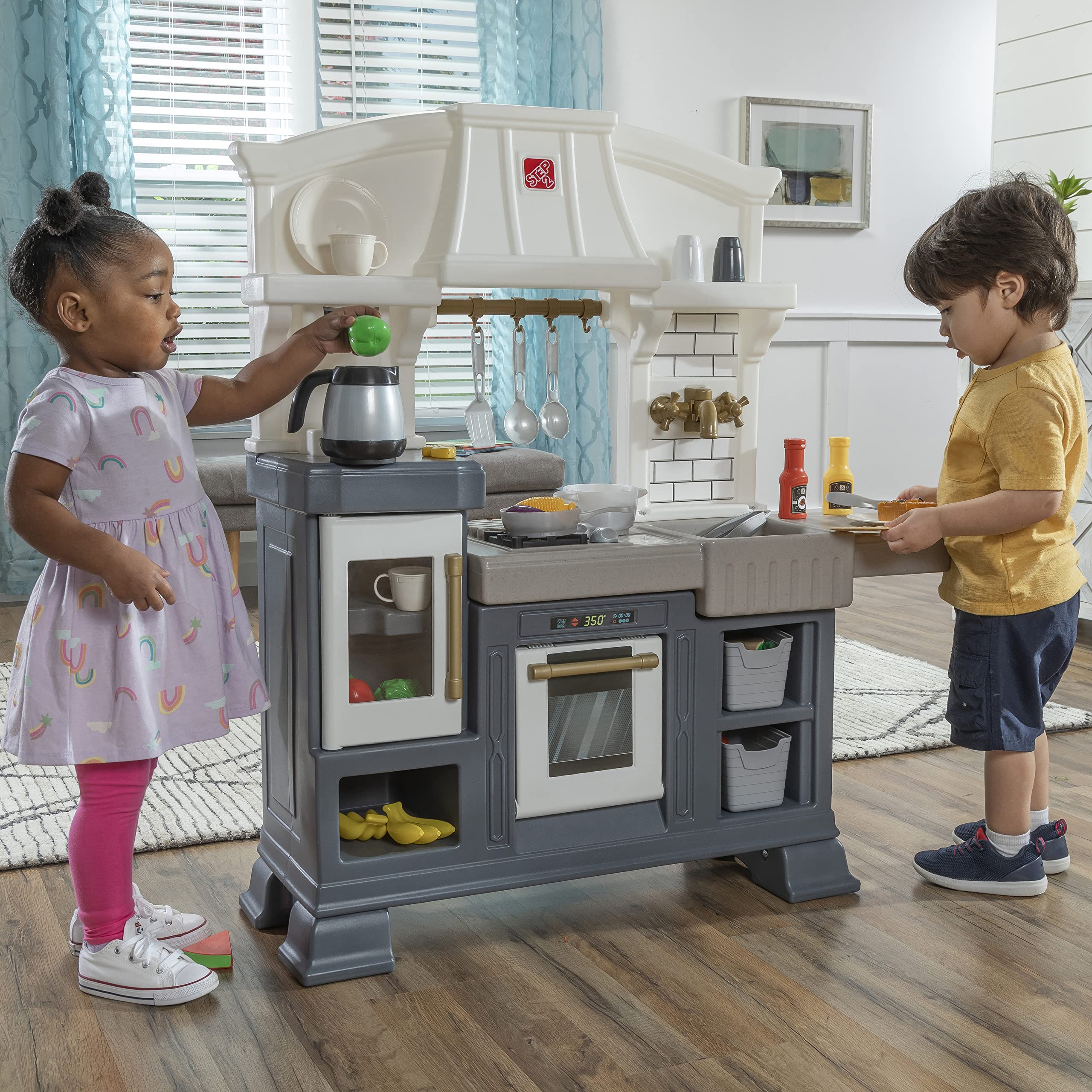Step2 Gilded Gourmet Kitchen Playset for Kids, Indoor/Outdoor Play Kitchen Set, Toddlers 2+ Years Old, 20+ Piece Kitchen Toy Set, Easy to Assemble, White, Blue, Gray