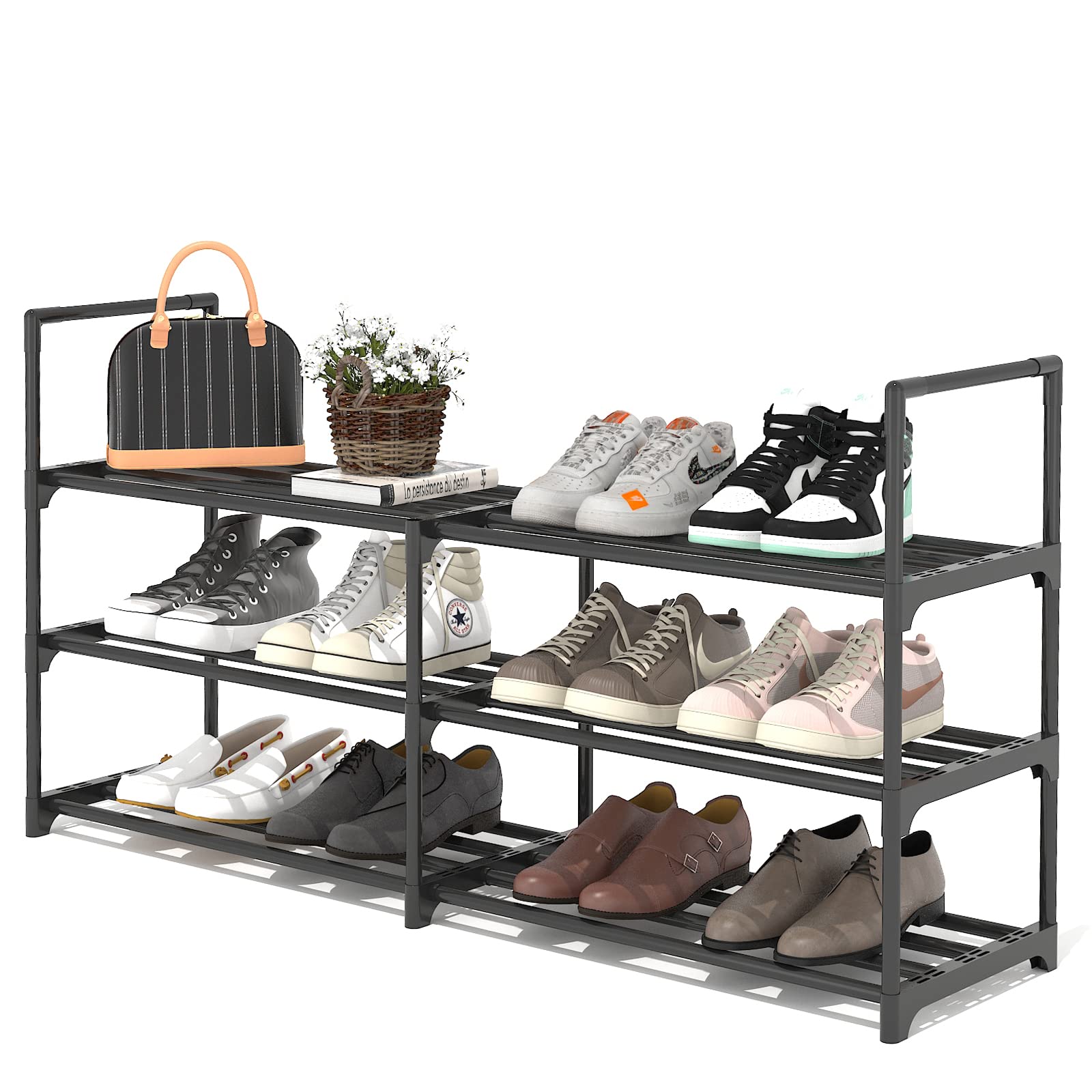 Thoustars 3-Tier Stackable Shoe Rack, Metal Shoe Shelf, 12 to 15 Pairs Shoes, Stackable Shoe Tower for Living Room,Closet, Entryway, Hallway, (Black)