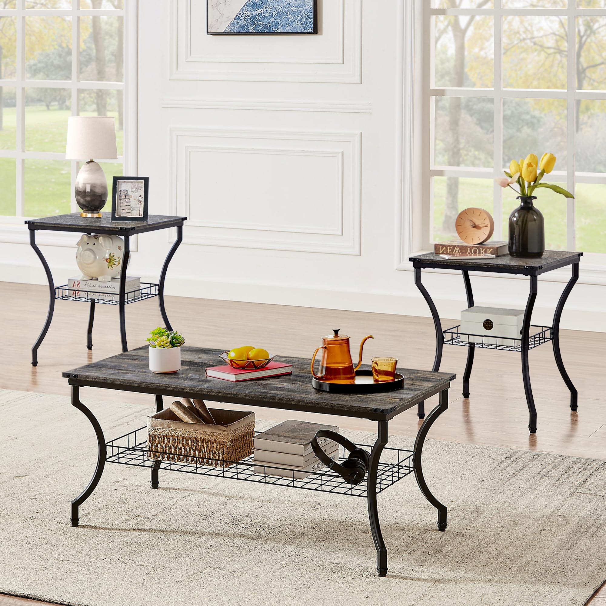 VECELO 3 Pieces Living Room Sets Coffee and End Tables with Open Storage Shelves for Apartment, Home Office, Small Space, Easy Assembly, 39.4 Inches, Brown