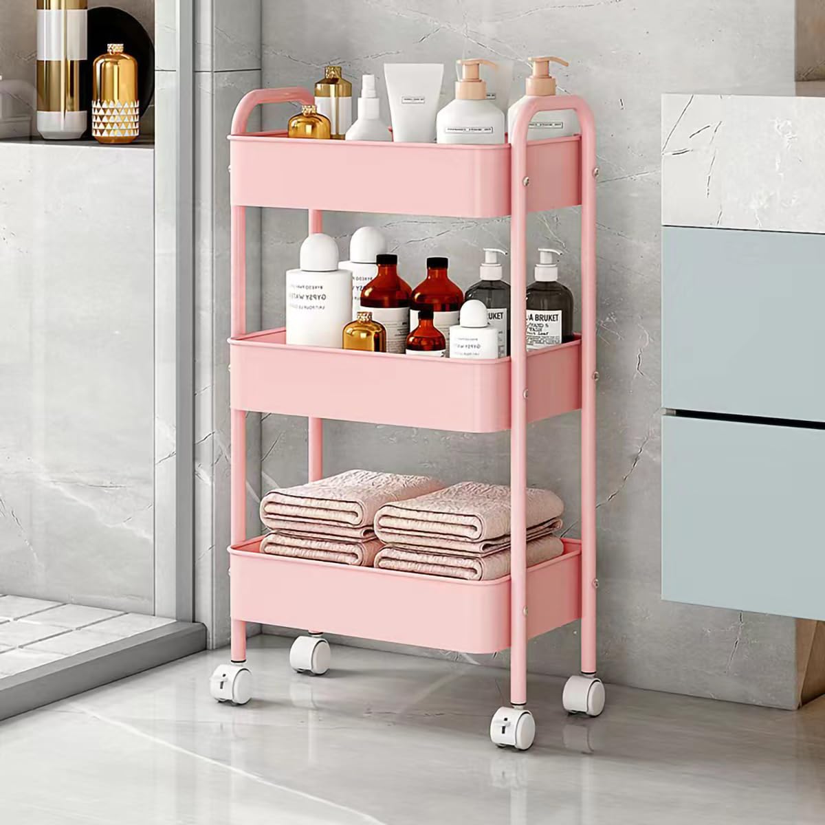 XIUSHE 3-Tier Metal Utility Cart Rolling Storage Organizer, Pink, Indoor Use
