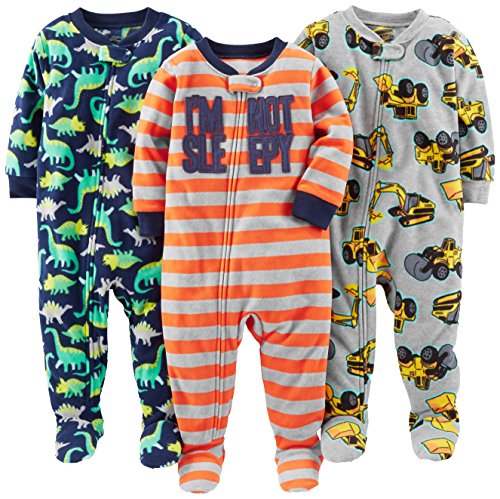 Simple Joys by Carter's Baby Boys' 3-Pack Loose Fit Flame Resistant Fleece Footed Pajamas, Grey Construction/Navy Dinosaur/Orange Stripe, 2T