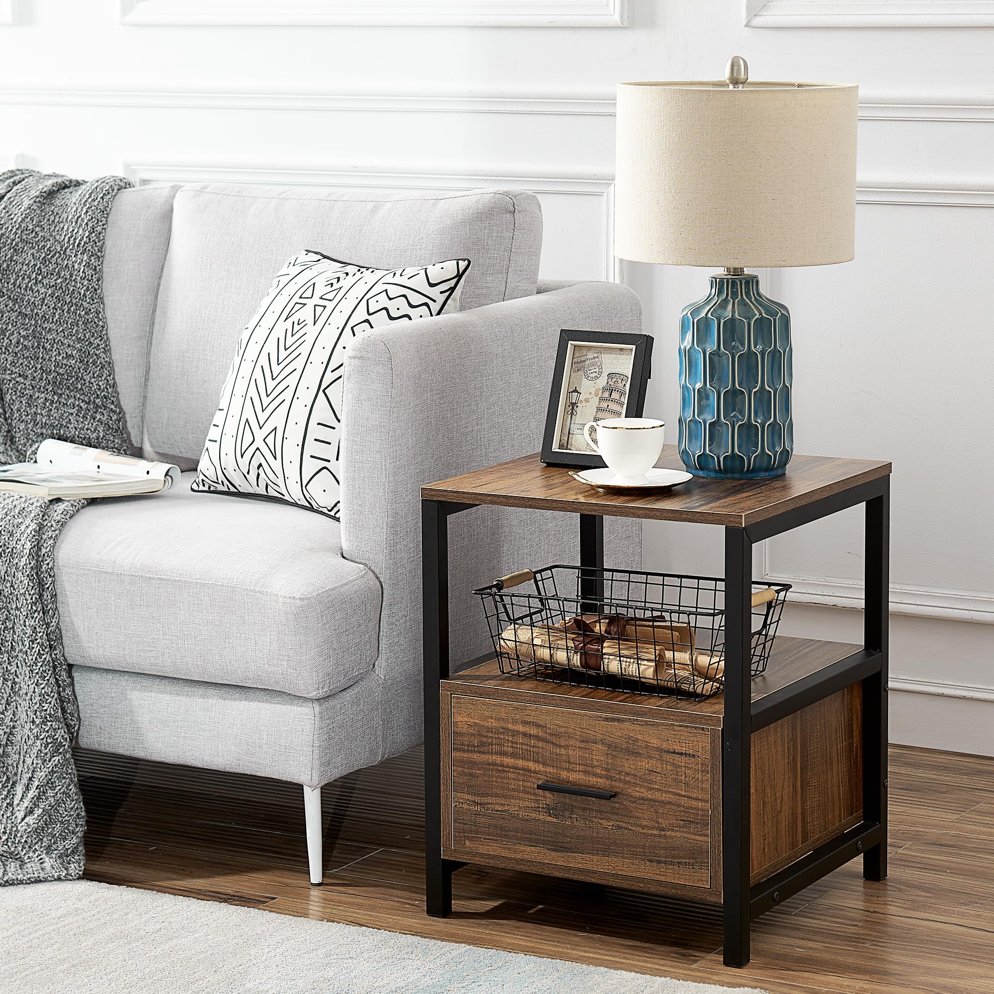VECELO Nightstand Set of 2 with Wooden Storage Drawer Square Modern Bedside End Tables for Bedroom Living Room, Open Shelf, Industrial Metal Frame, Small Space, 2 Pack, Black