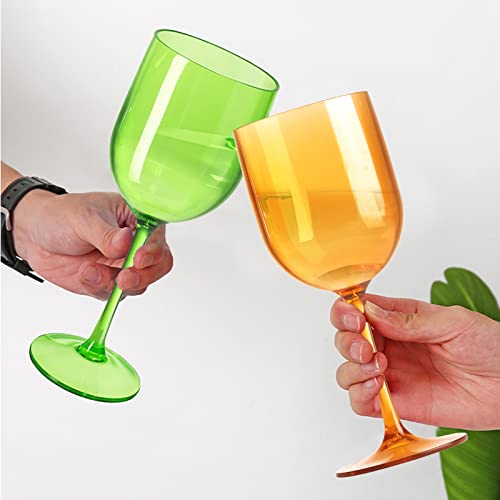 XKXKKE Unbreakable Acrylic Wine Glasses Set, Plastic Reusable 16 Ounces Colored Water Goblets, Large Capacity Shatterproof Long Stemmed Glassware High Clear Wedding Party Bar Drinking Cups Multicolor