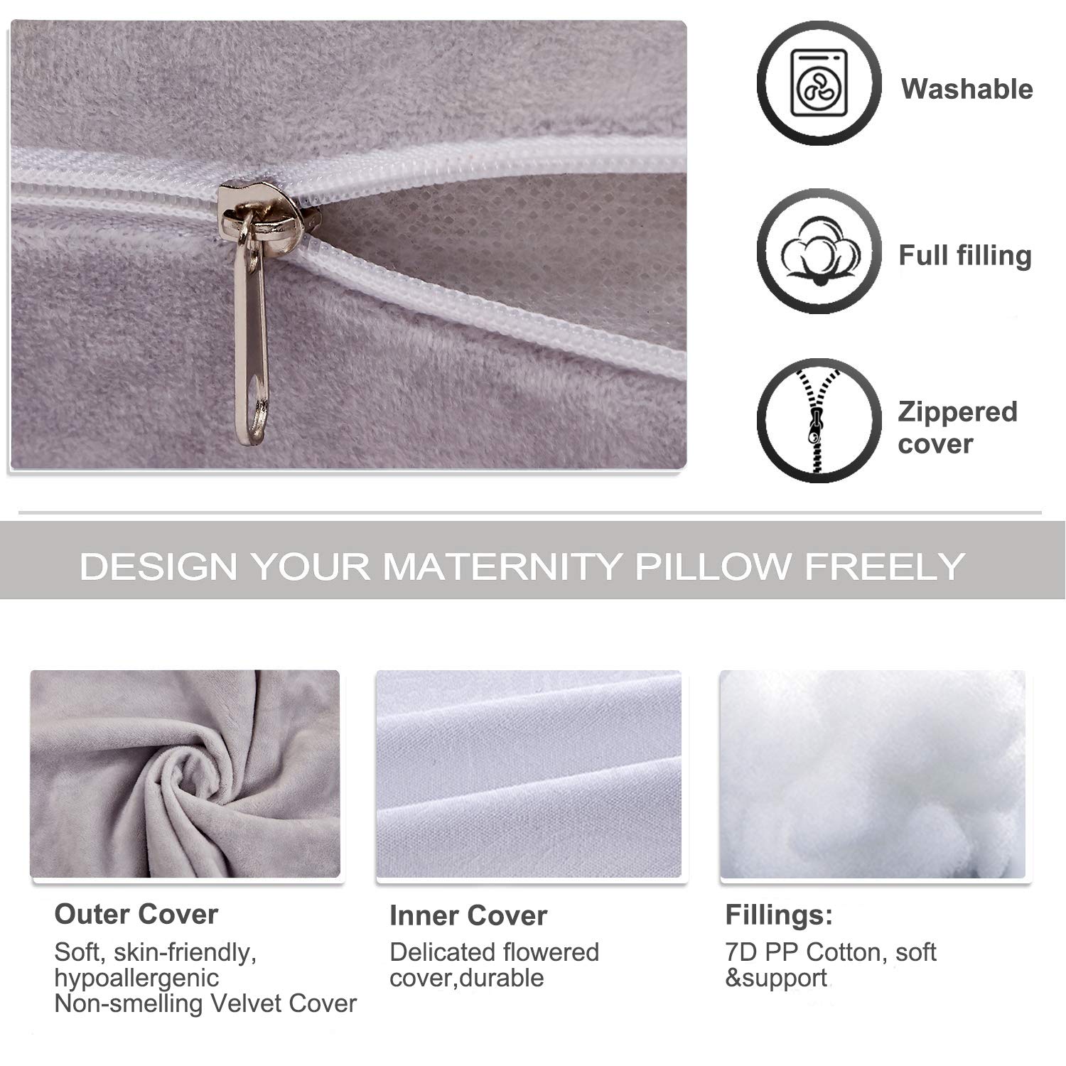 VECELO U-Shaped Pregnancy Full Maternity Pillow with Zipper Removable Cover, Body Pain Relief, Gray