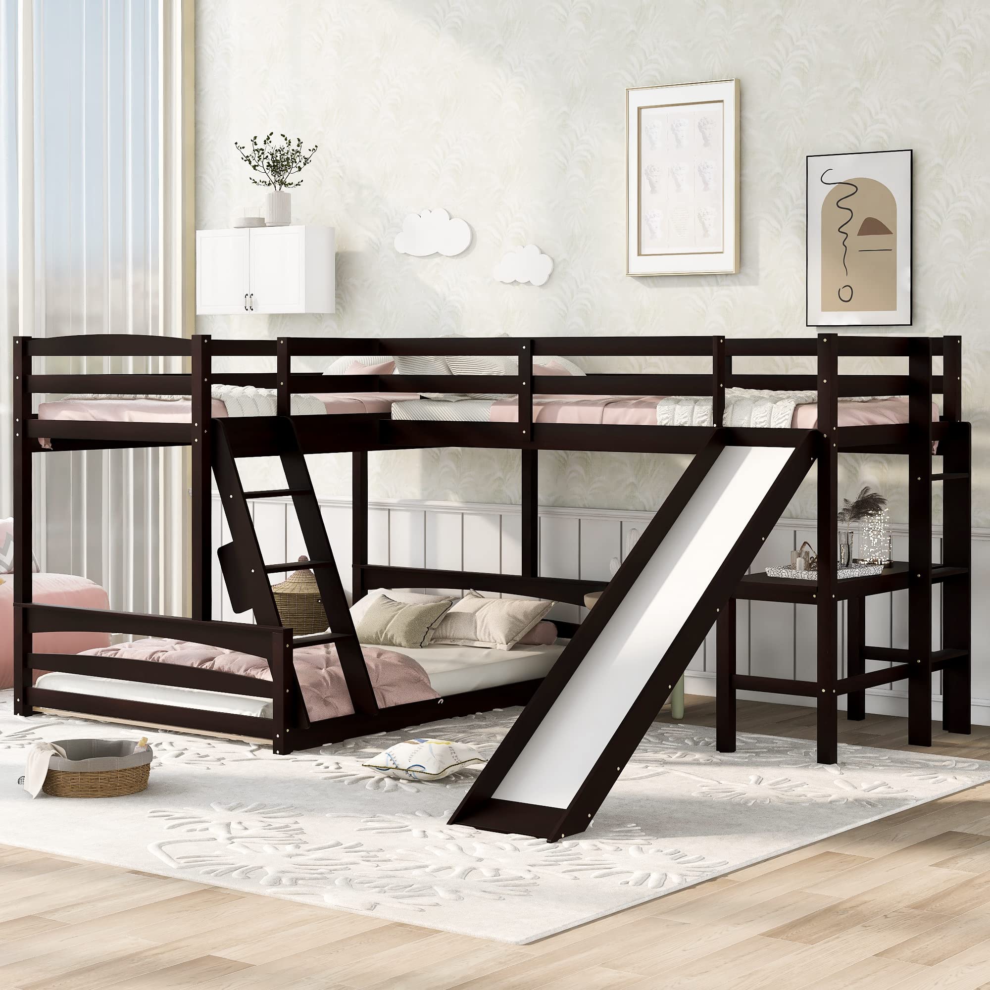 Tidyard Twin Over Full Bunk Bed with Twin Size Loft Bed with Desk and Slide,Full-Length Guardrail, Espresso Platform Bed Frame, Easy Assembly for Dorm, Bedroom