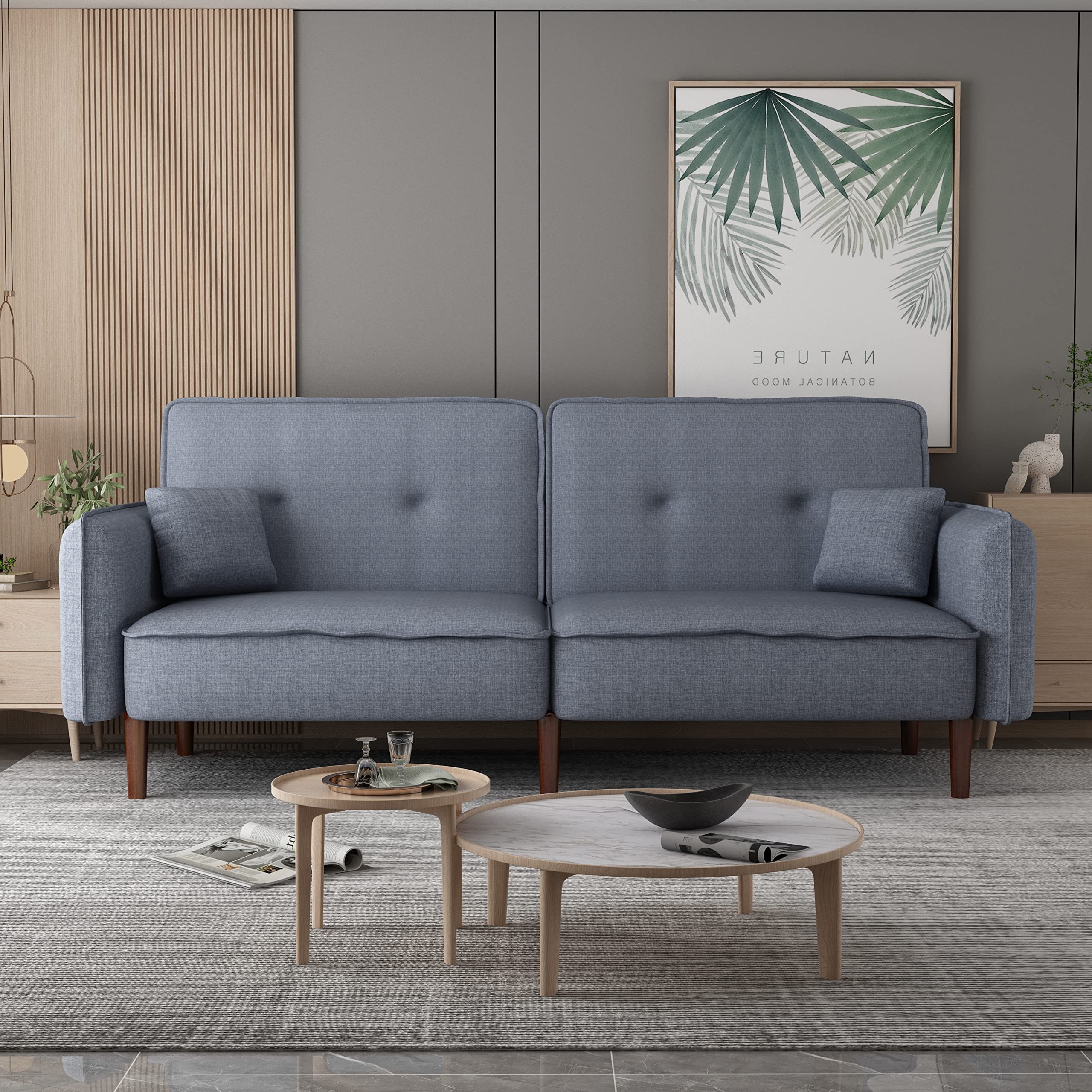 Tiophome Convertible Futon Sofa Bed Sleeper Couch Folding Lounge Living Room Linen Upholstered 75 INCH 3 Setaer Loveseat with Armrest & 2 Pillows & 3 Backrest Settings-120°/150°/180°, Gray, Grey