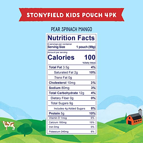 Stonyfield Organic Kids Whole Milk Yogurt Pouches 3.5 oz. Each Ct – Real Fruit Veggie, Pear Spinach Mango, (Pack of 4)