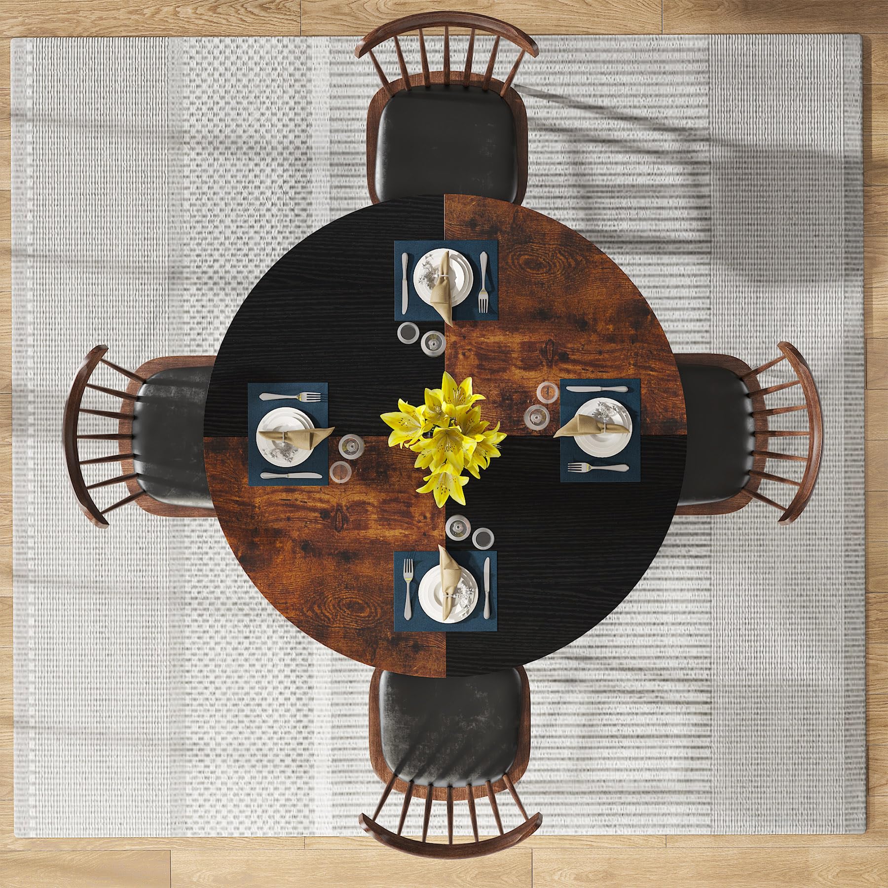 Tribesigns 47 inch Round Dining Table for 4, Wood Kitchen Table Large Dinner Table with Storage Shelf Metal Legs for Home Dining Room Living Room, Black Rustic Brown(Only Table)